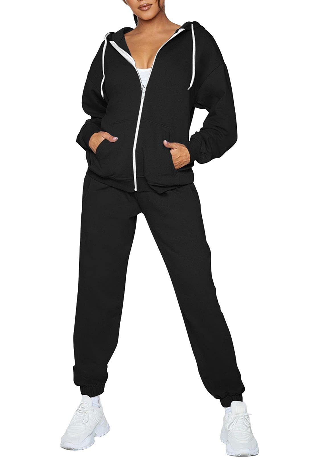TOLENY Two Piece Workout Sets for Women Hoodie Coat and Jogging Pants Sweatsuit Outfits Black L