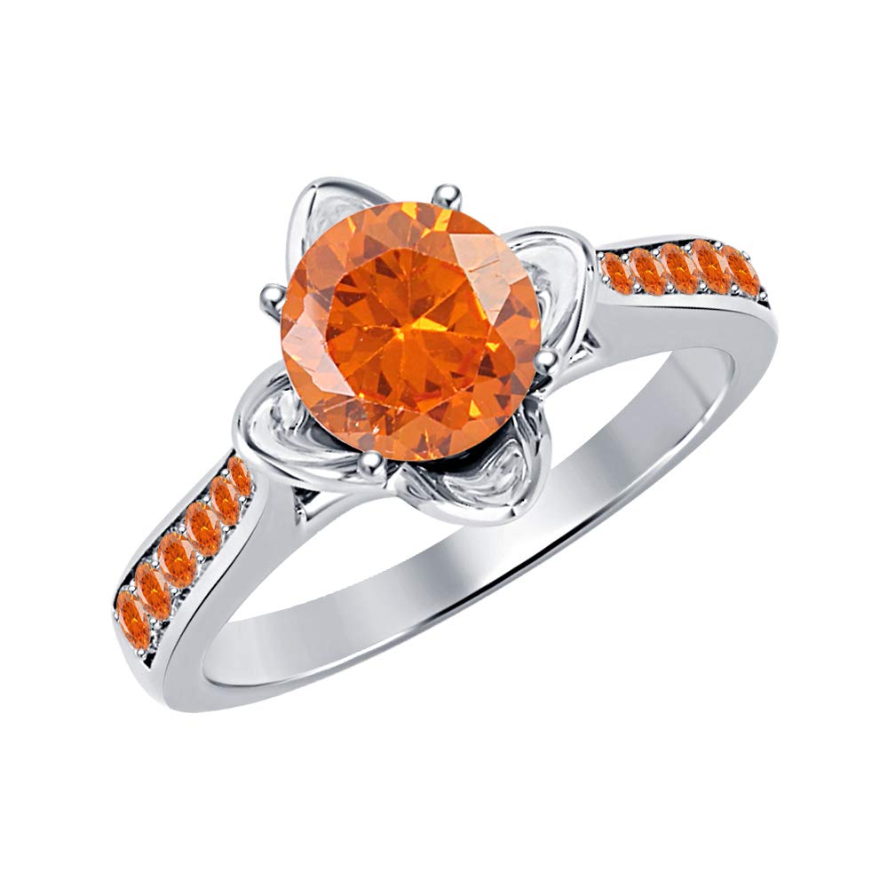 SVC-JEWELS Round Cut 14K White Gold Over .925 Sterling Silver Created Orange Sapphire Engagement Ring for Women's (7)