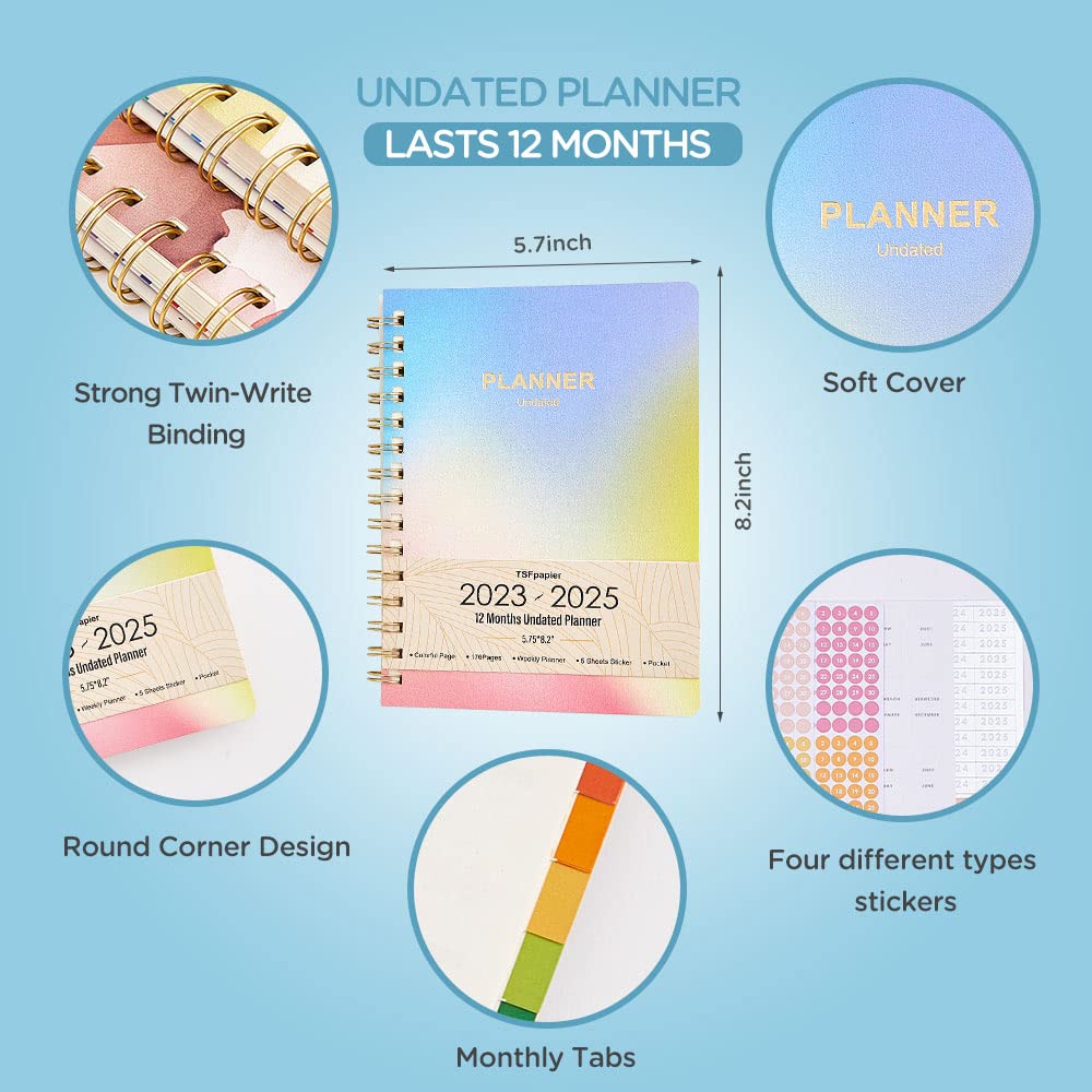 Undated Academic Weekly and Monthly Planner for 2023, 2024 and 2025, 5.75"x 8.2" 12 Month Spiral Planner with Tabs, Thick Paper, Twin-Wire Binding, Inner Pocket, 4 Sheets Stickers Rainbows