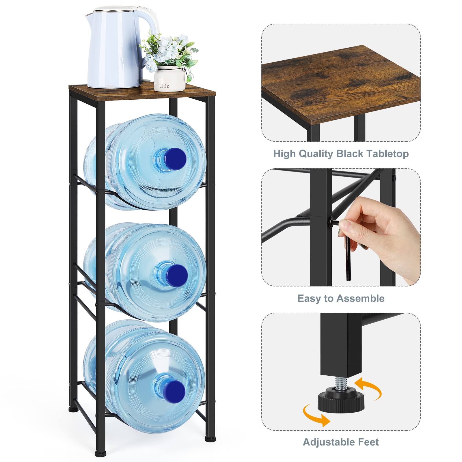 Water Bottle Holder 5 Gallon Water Cooler Jug Rack 3-Tiers Water Bottle Organizer with Storage Shelves for Kitchen Living Room Office, Rustic Brown