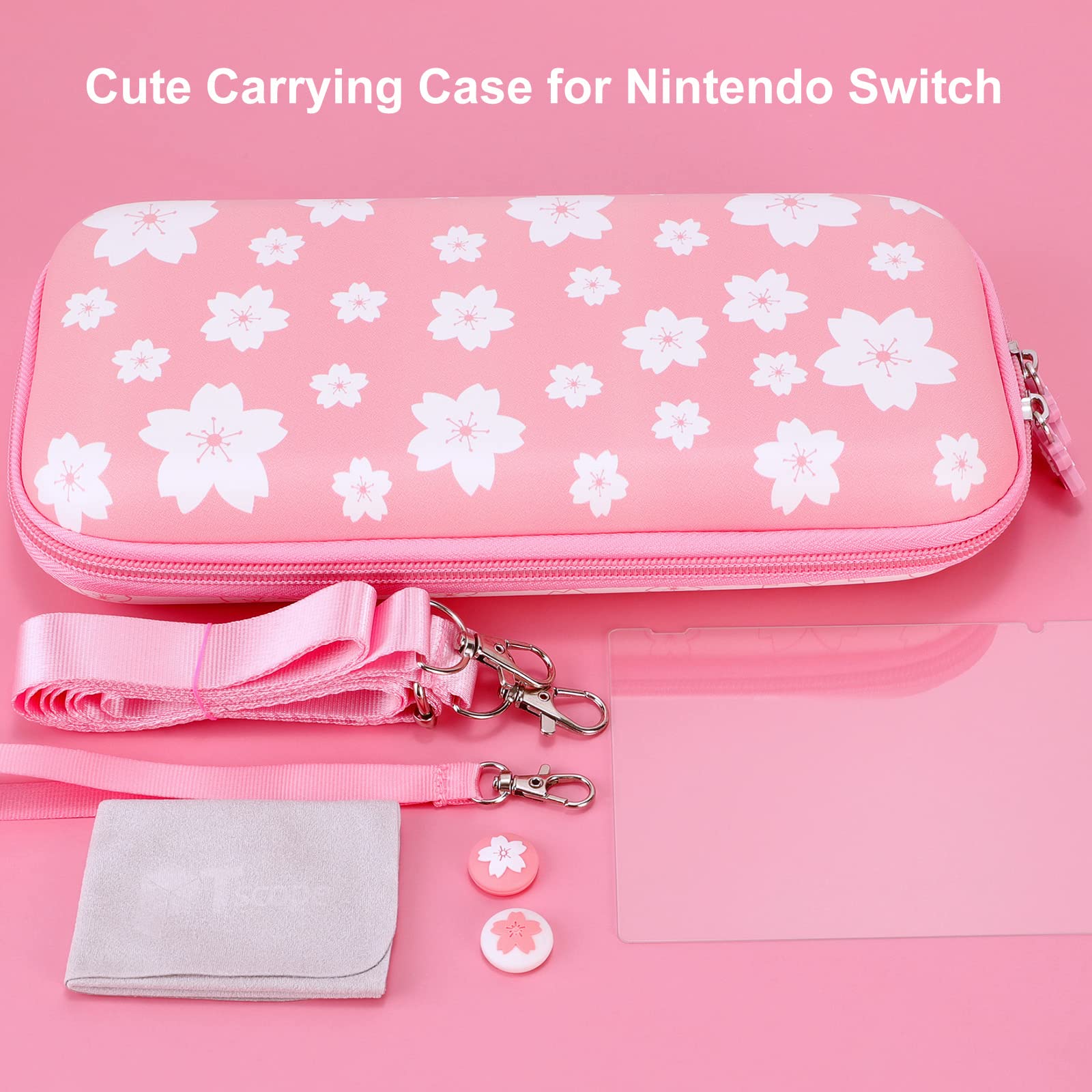 Tscope Cute Carrying Case for Nintendo Switch / OLED, Pink Sakura Protective Portable Hard Shell Travel Carry Shoulder Bag & Accessories for NS Consolo, for Girls, Kids (Switch Pink)