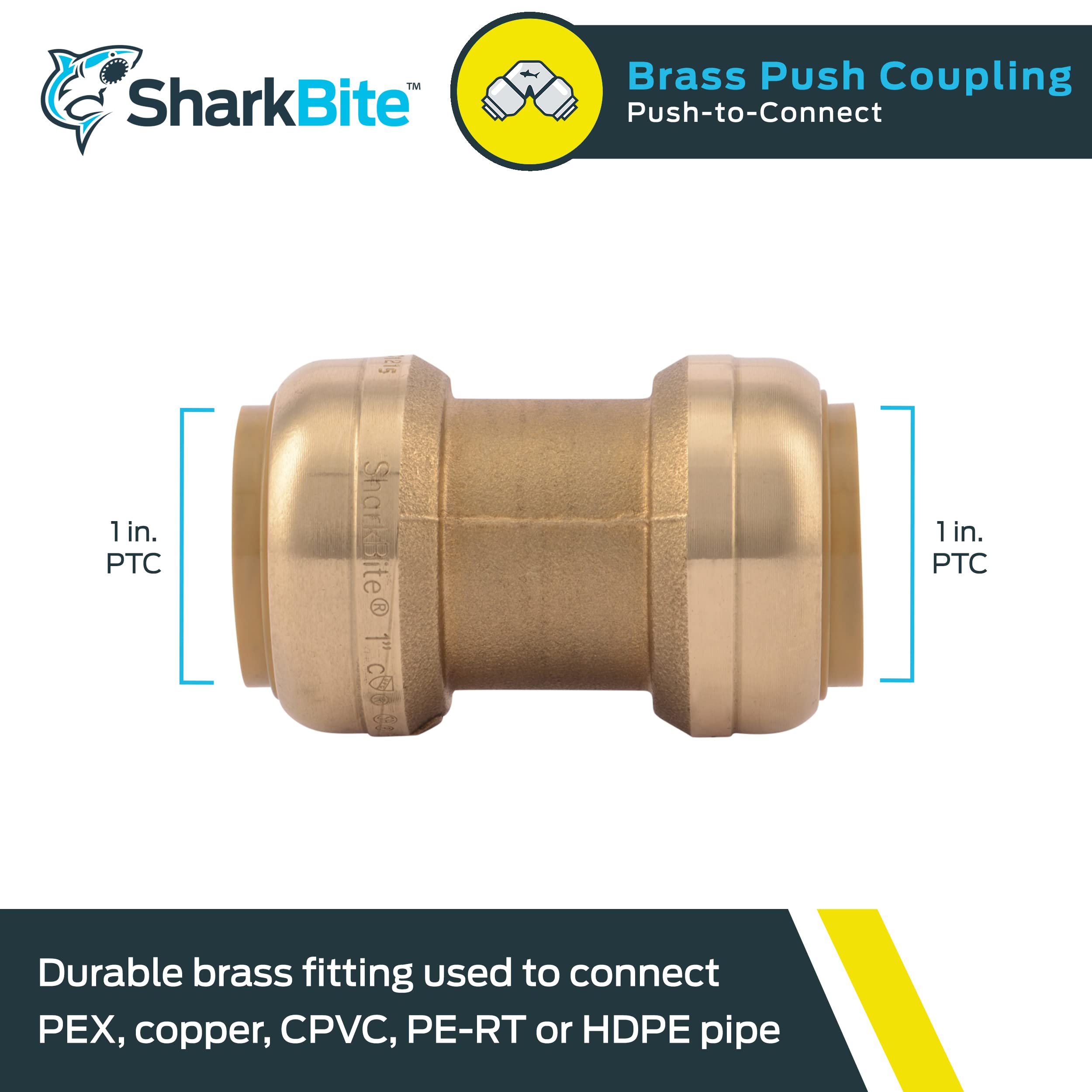 SharkBite 1/2 Inch Coupling, Pack of 10, Push to Connect Brass Plumbing Fitting, PEX Pipe, Copper, CPVC, PE-RT, HDPE, U008LFCP