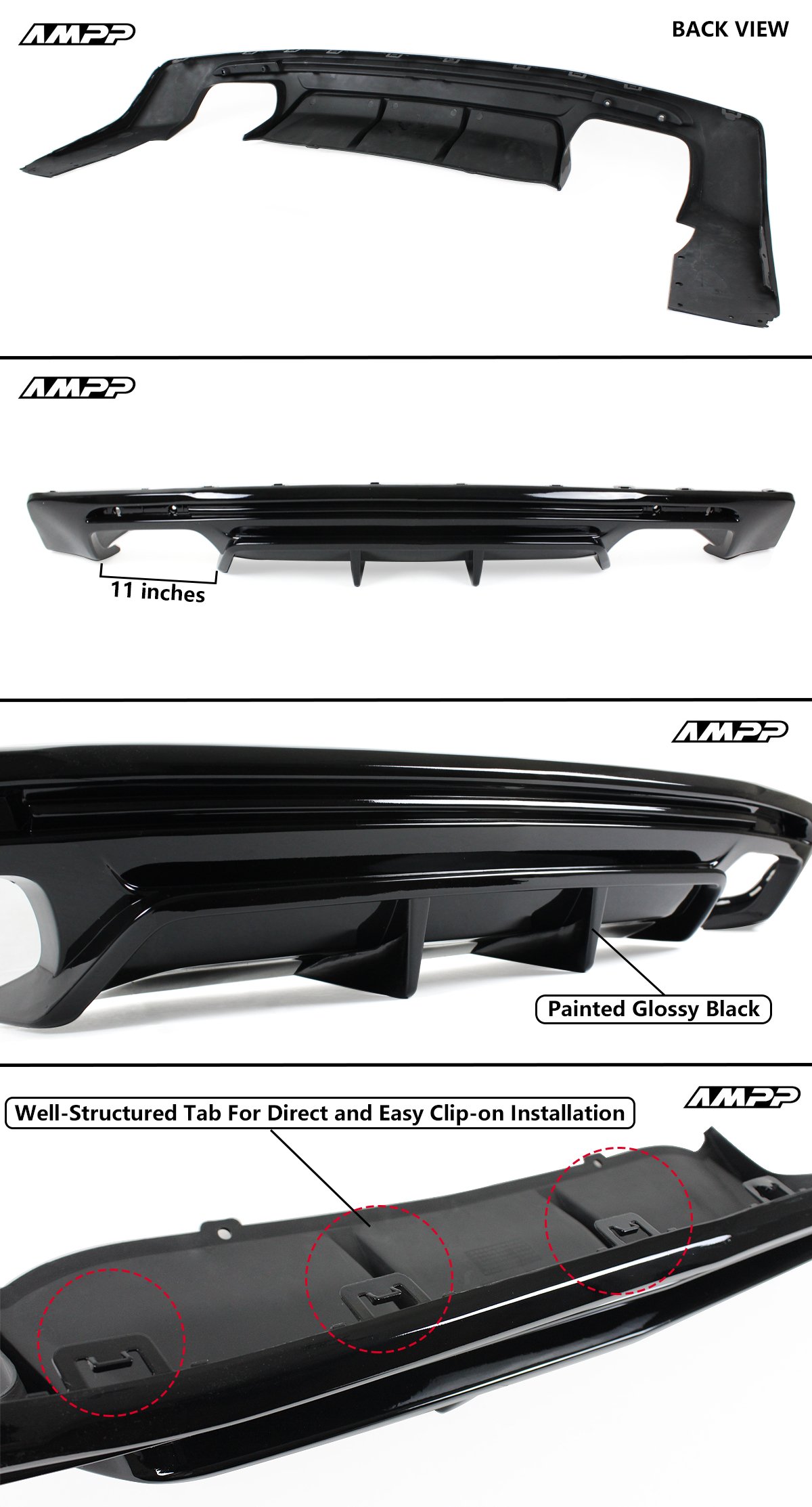 Painted Gloss Black Shark Fin Sport Rear Bumper Diffuser Replacement PP Compatible for 2016-2019 Chevy Camaro LT RS SS