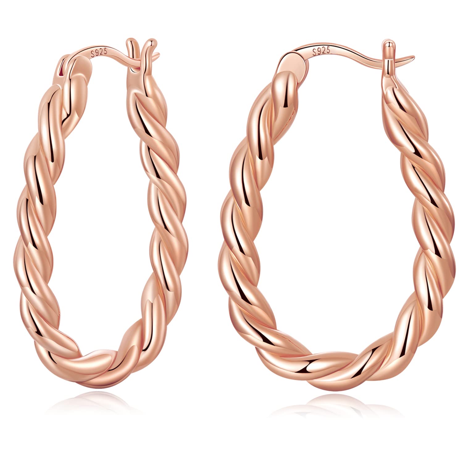 Rose Gold Plated Chucky Hoop Earrings for Women 925 Sterling Silver Post Oval Twist Earrings Hypoallergenic Lightweight Hoop Earrings Jewelry Gifts