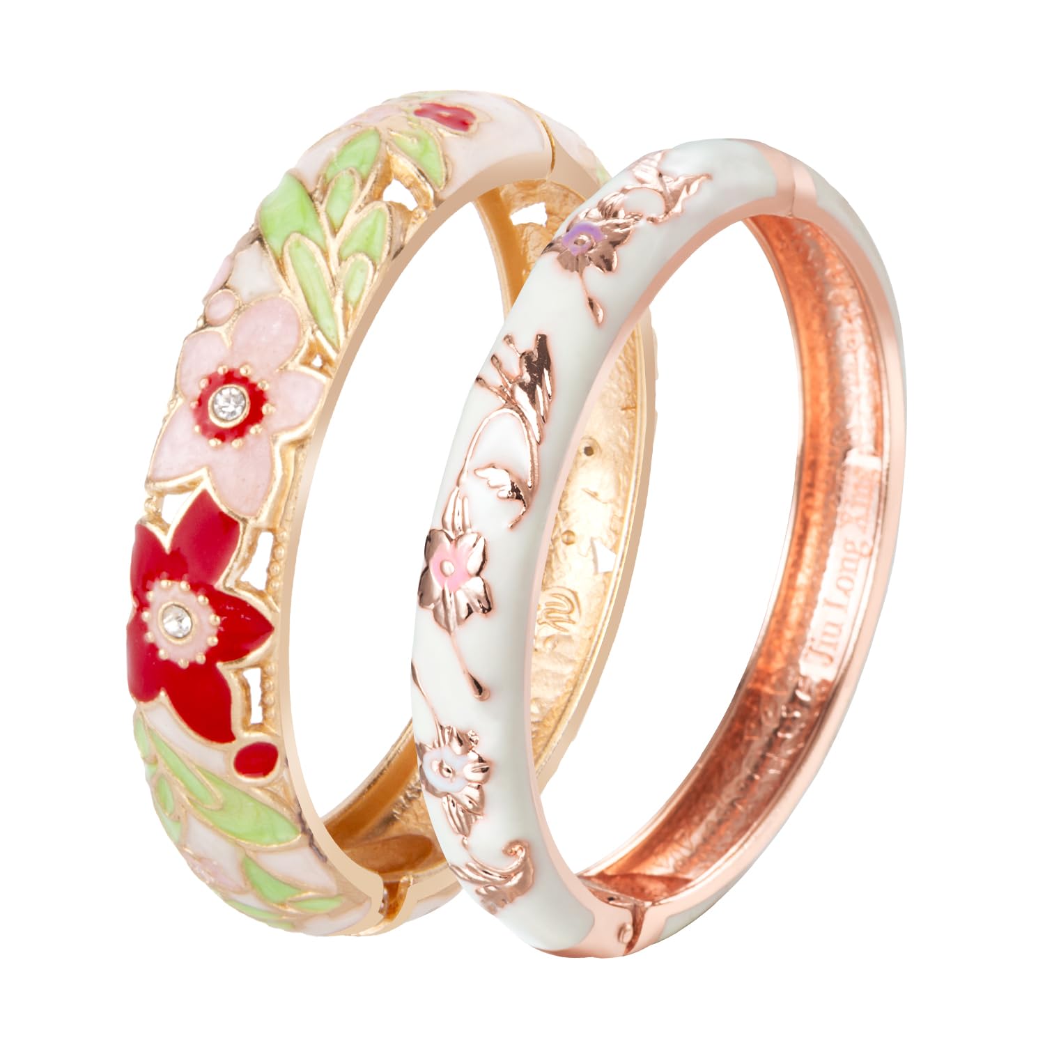 UJOY Fashion Cloisonne Bracelets Gold Plated Leaf Filigree Enameled Womens Gifts Bangles Spring Hinged 88A11-55A81 cream white