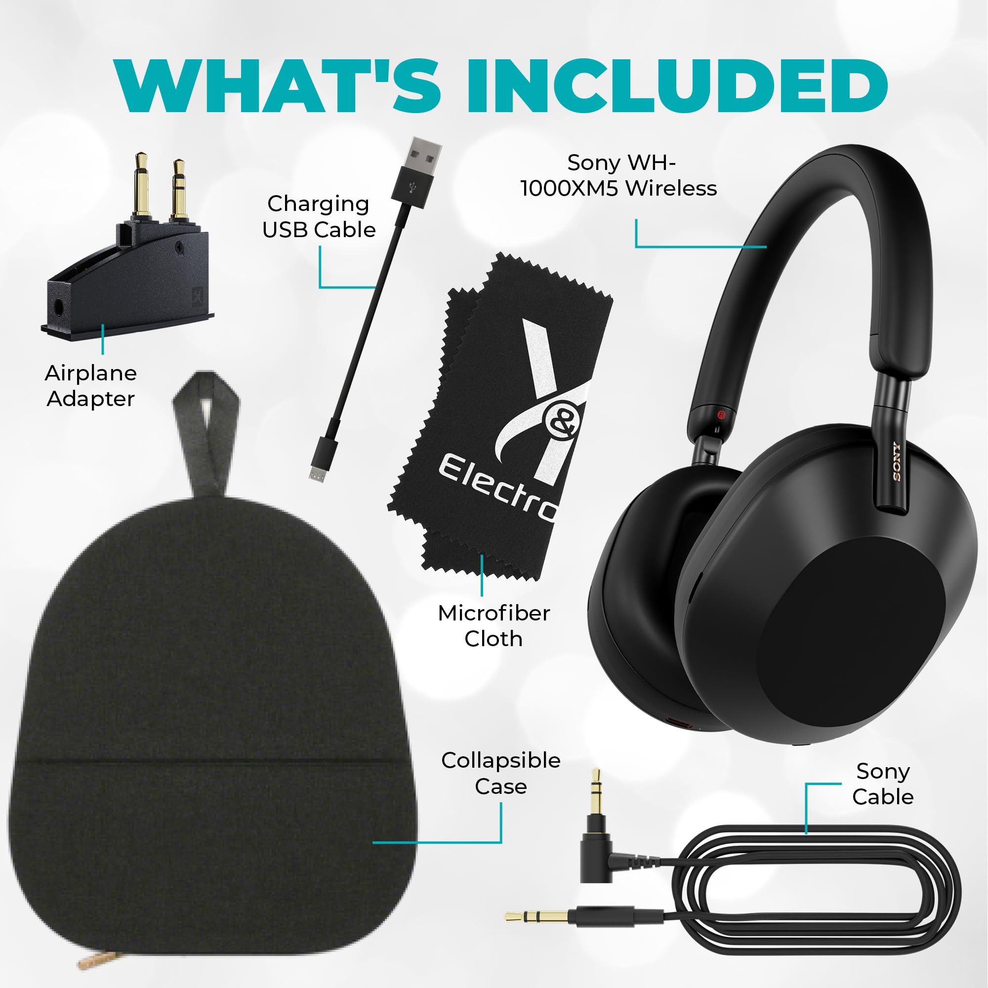Sony WH-1000XM5 Headphones β Wireless Bluetooth Sony Noise Canceling Headphones Bundle with Audio Cable, USB Cable, Case, Airplane Jack Adapter, Cloth - Sony XM5 Headphones, Sony WH1000XM5, Black