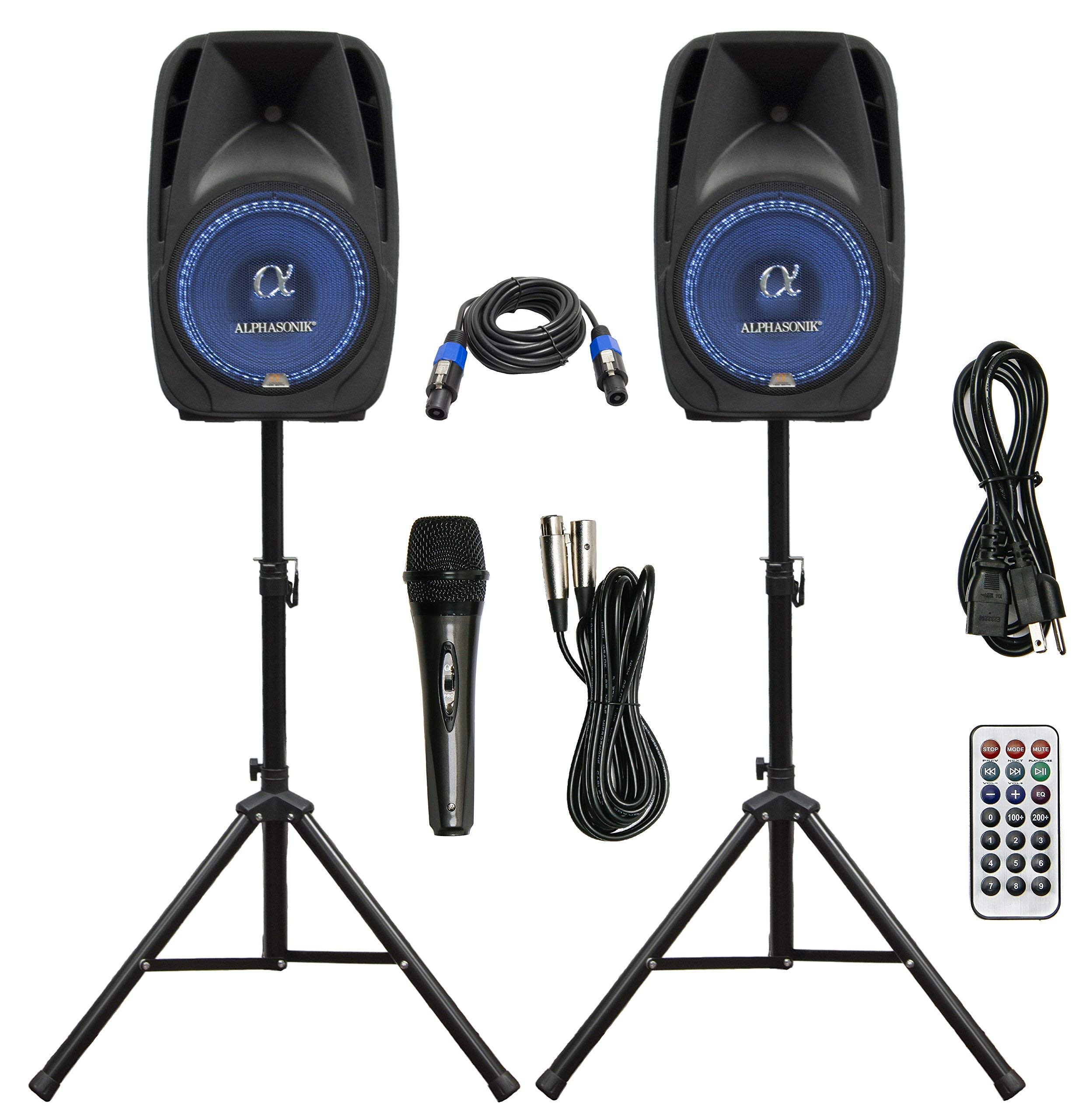 Pair Alphasonik All-in-one 8" Powered 800W PRO DJ Amplified Loud Speakers with Bluetooth USB SD Card AUX MP3 FM Radio PA System LED Lights Karaoke Mic Guitar Amp 2 Tripod Stands Cable and Microphone
