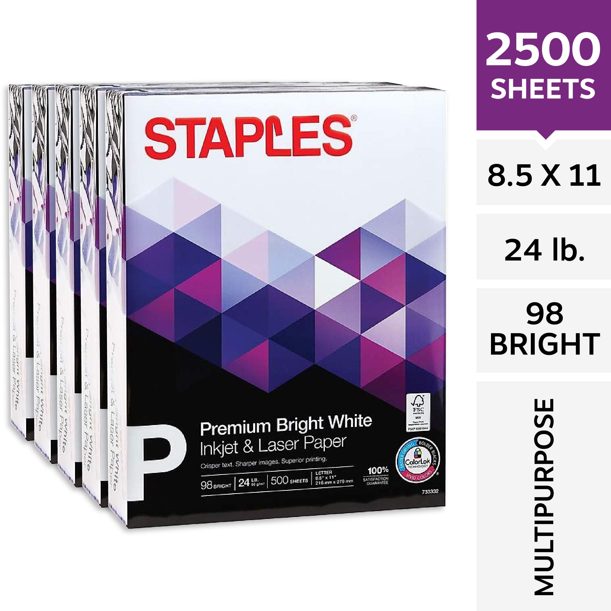 Staples Inkjet Paper – 8.5” x 11” Multipurpose, 24 lbs, 98Bright, 5-Reams/Carton
