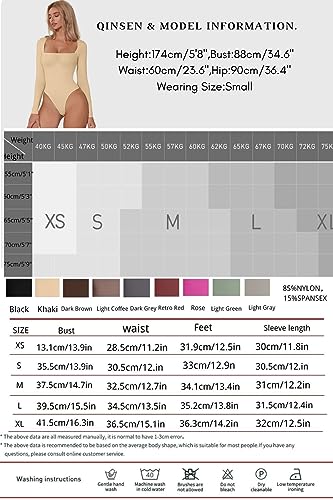 QINSEN Bodysuit Shirts for Women Square Neck Long Sleeve Shirt Double Lined Tops Marzipan M