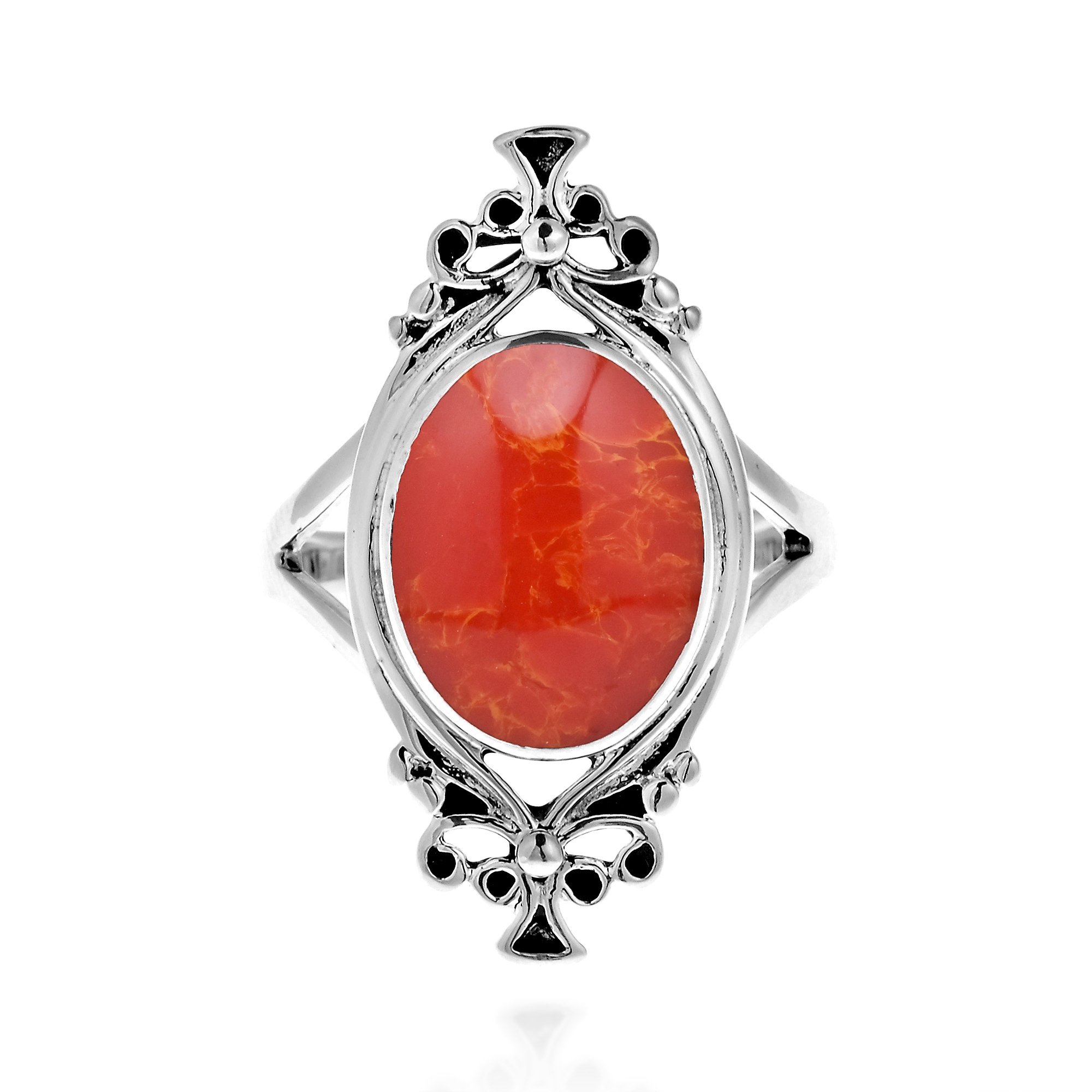 Reconstructed Red Coral Vintage Style .925 Sterling Silver Ring (8)