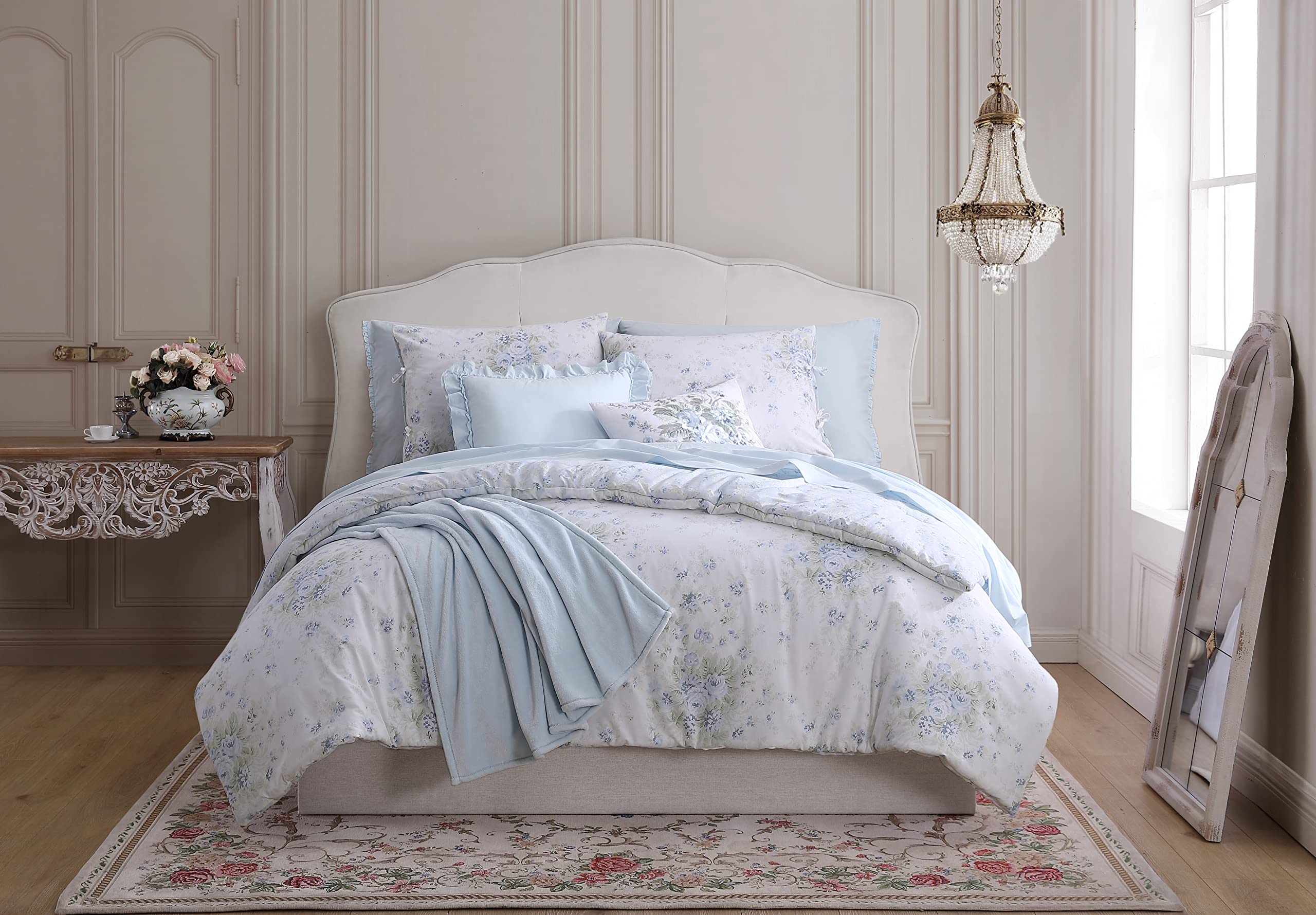 Shabby Chic® - Queen Comforter Set, Reversible Cotton Bedding with Matching Shams, Elegant Floral Home Decor for All Seasons (Bailey Blue, Queen)