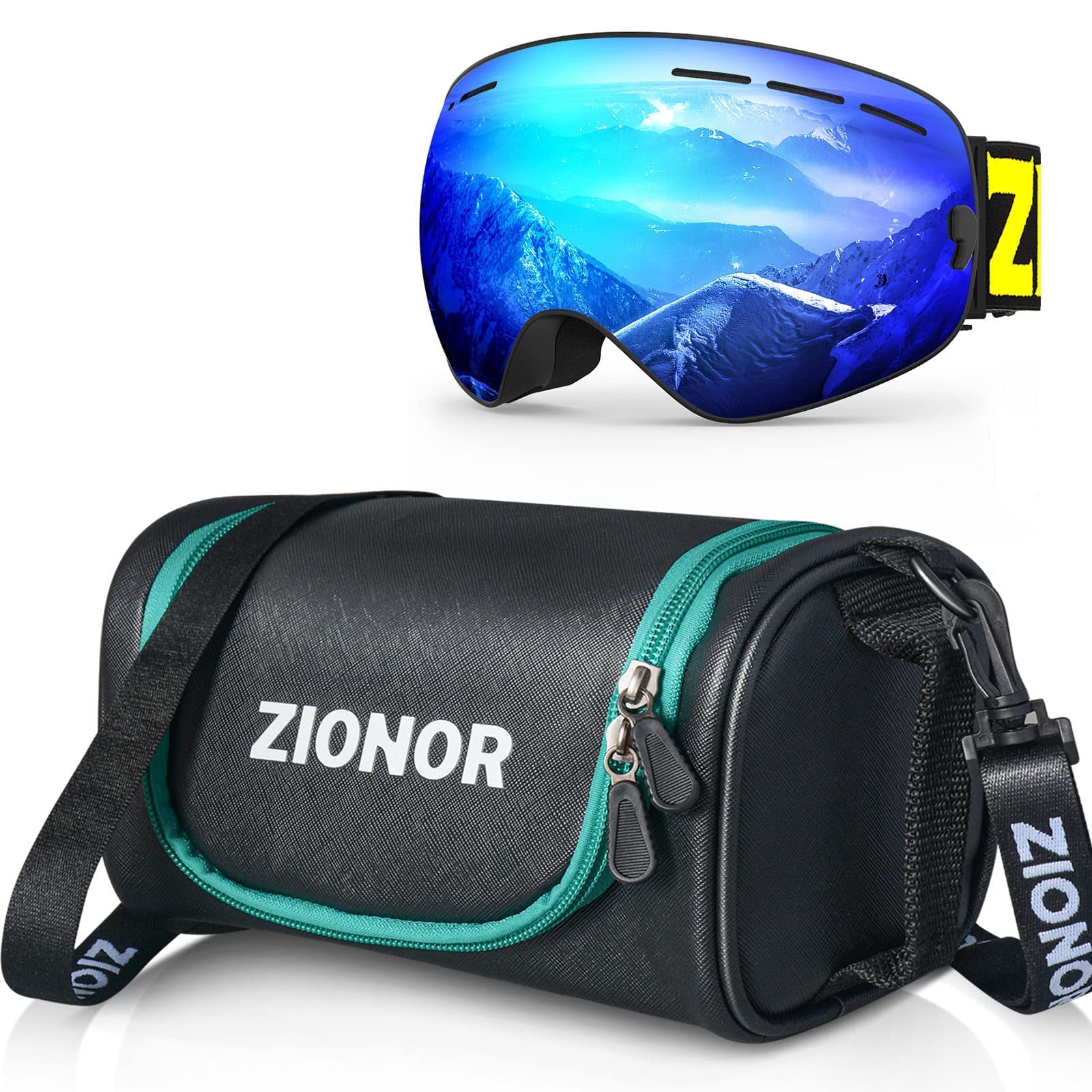 ZIONOR X Ski Snowboard Snow Goggles OTG Design for Men & Women and Ski Goggles Bag