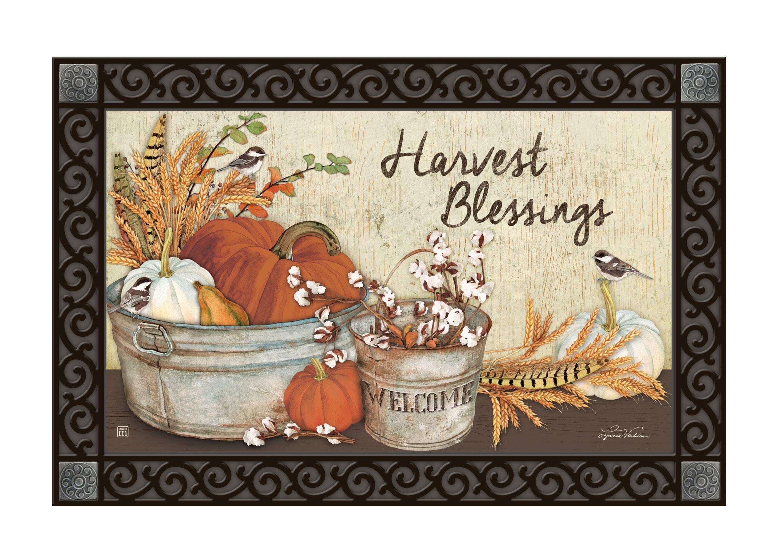 Studio M MatMates Farmhouse Pumpkins Fall Harvest Decorative Floor Mat Indoor or Outdoor Doormat with Eco-Friendly Recycled Rubber Backing, 18 x 30 Inches