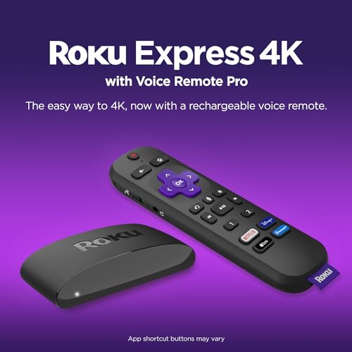 Roku Express 4K Pro with Voice Remote Pro - Roku Streaming Device 4K/HDR, Rechargeable Roku Remote, Hands-Free Controls, Lost Remote Finder, Free & Live TV - Amazon Exclusive