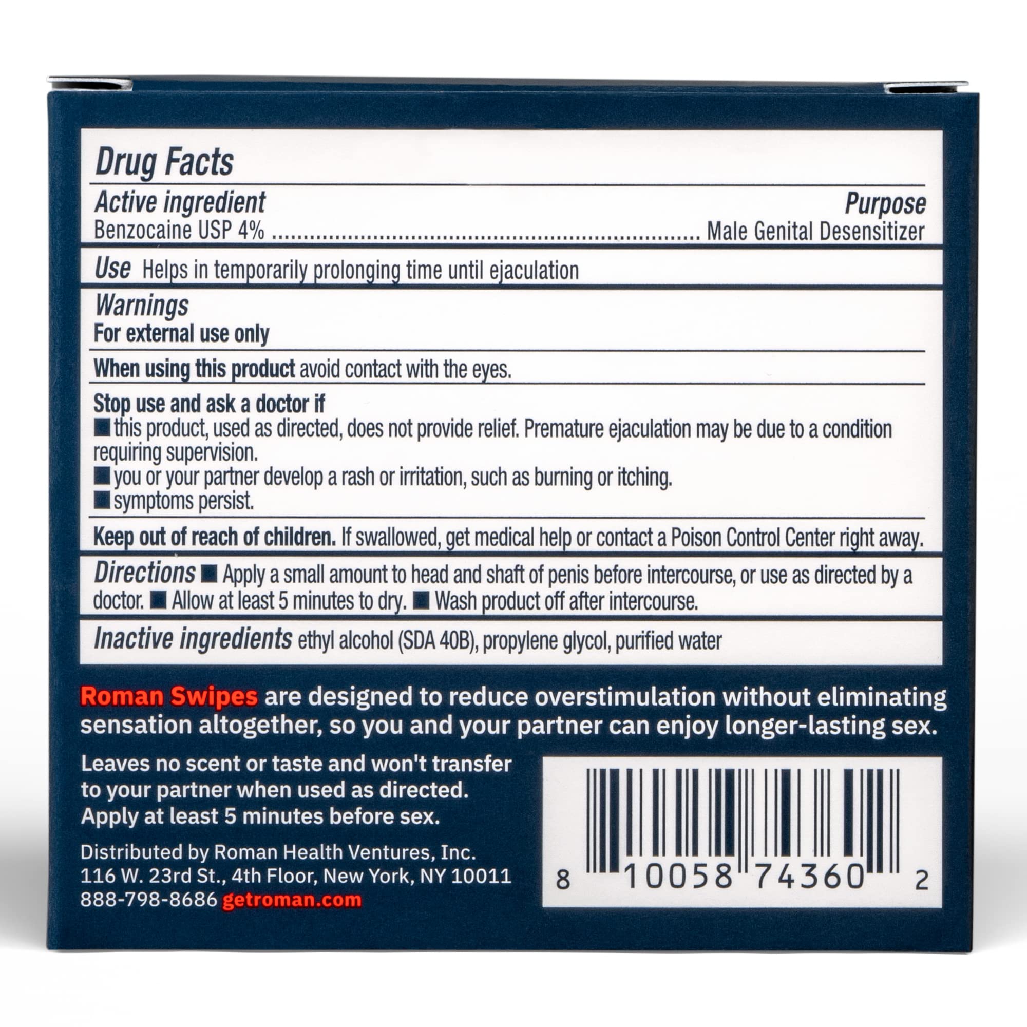 Roman Swipes | Fast-Acting, Convenient, Over-The-Counter Wipes Increase Stamina, Formulated with 4% Benzocaine, Features Discreet Packaging | 5-Pack