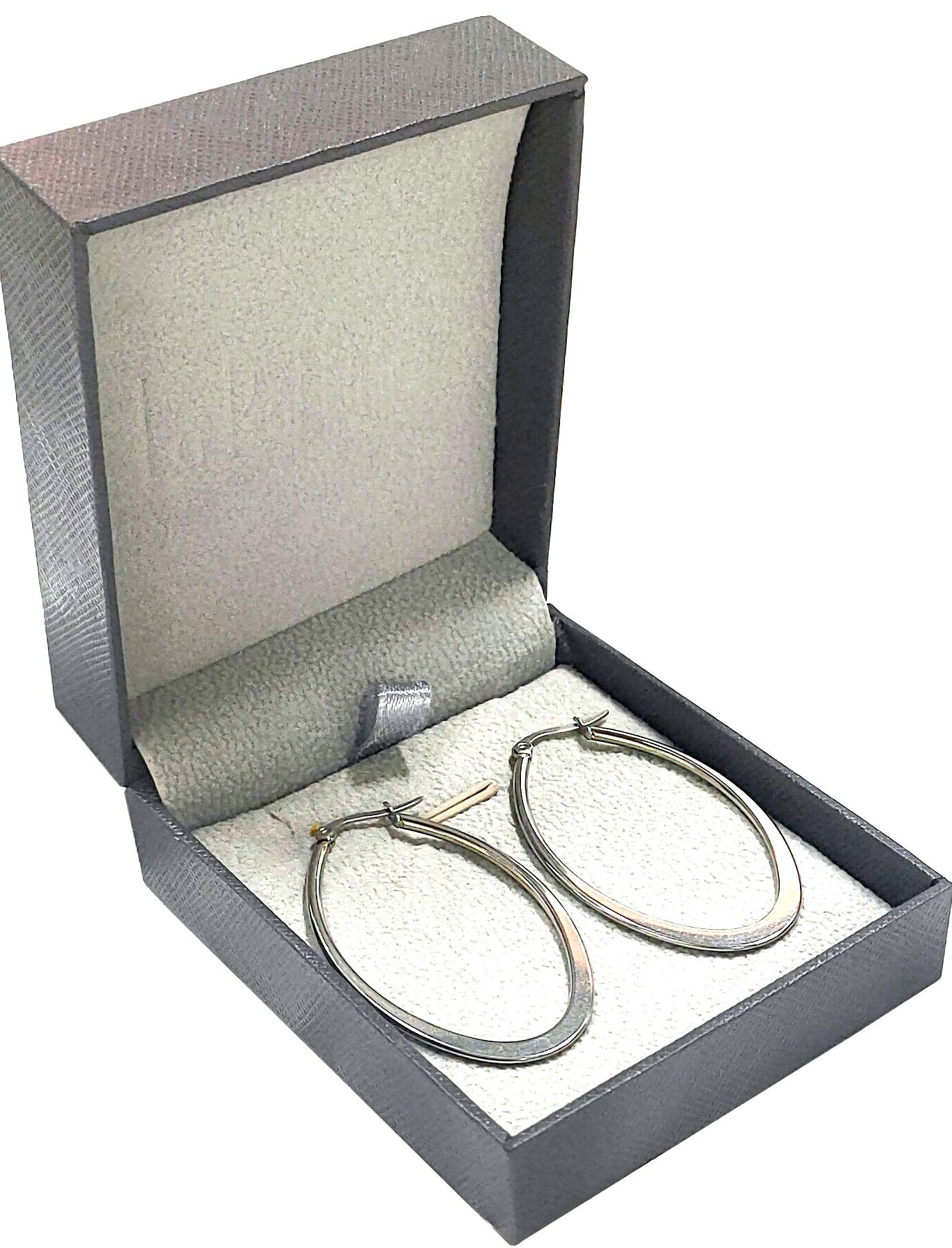 Stainless Steel Gold Thin and Flat Big Large Oval Spring loaded Hoop Earrings-Silver