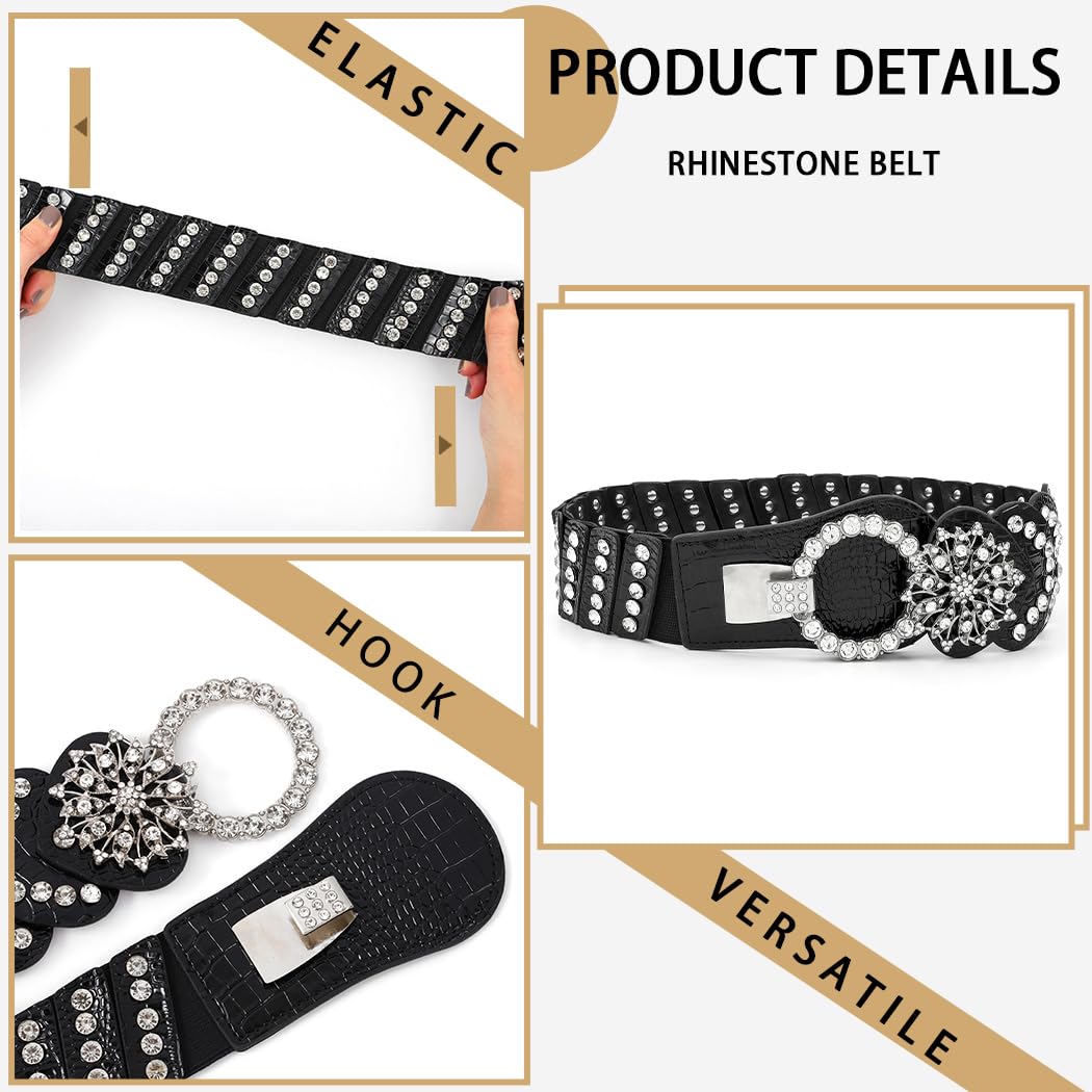 Vivilly Women's Rhinestone Belt Black Crystal Stretchy Retro Wide Waist Cinch Belt for Dress