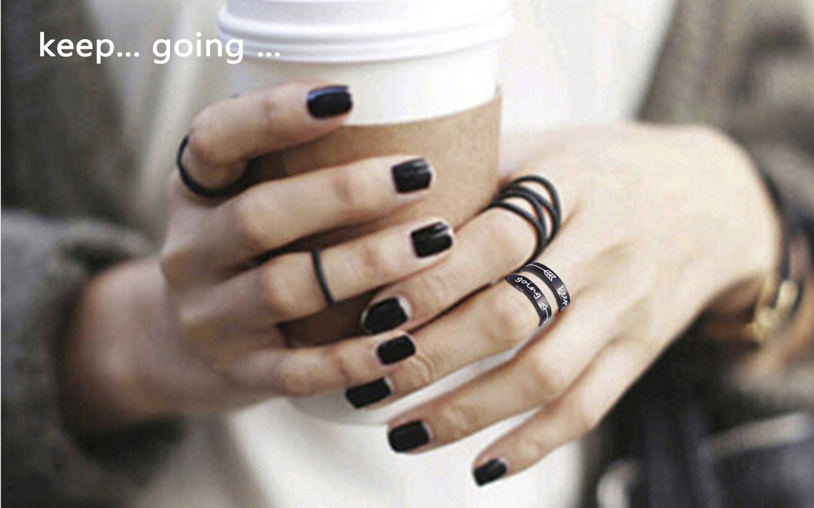 Stainless Steel Rings Black for Women Adjustable Statement Rings Keep Going Rings for Best Friend Inspirational Gifts