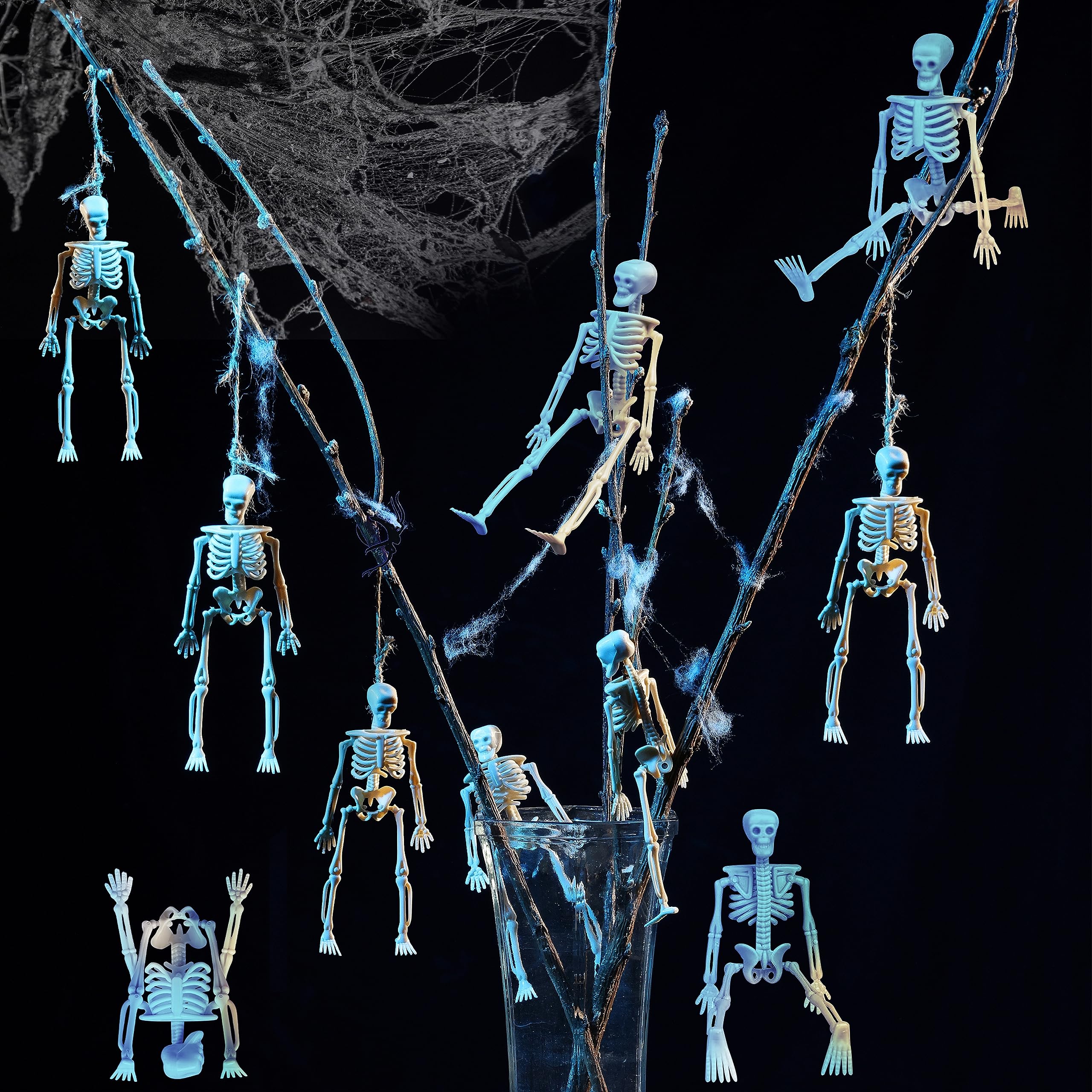 YOYOJOY Mini Skeleton Halloween Decor,10 PCS Small Skeletons Figure, 6" Halloween Posable Skeletons Decorations, Tiny Skeleton Party Favors