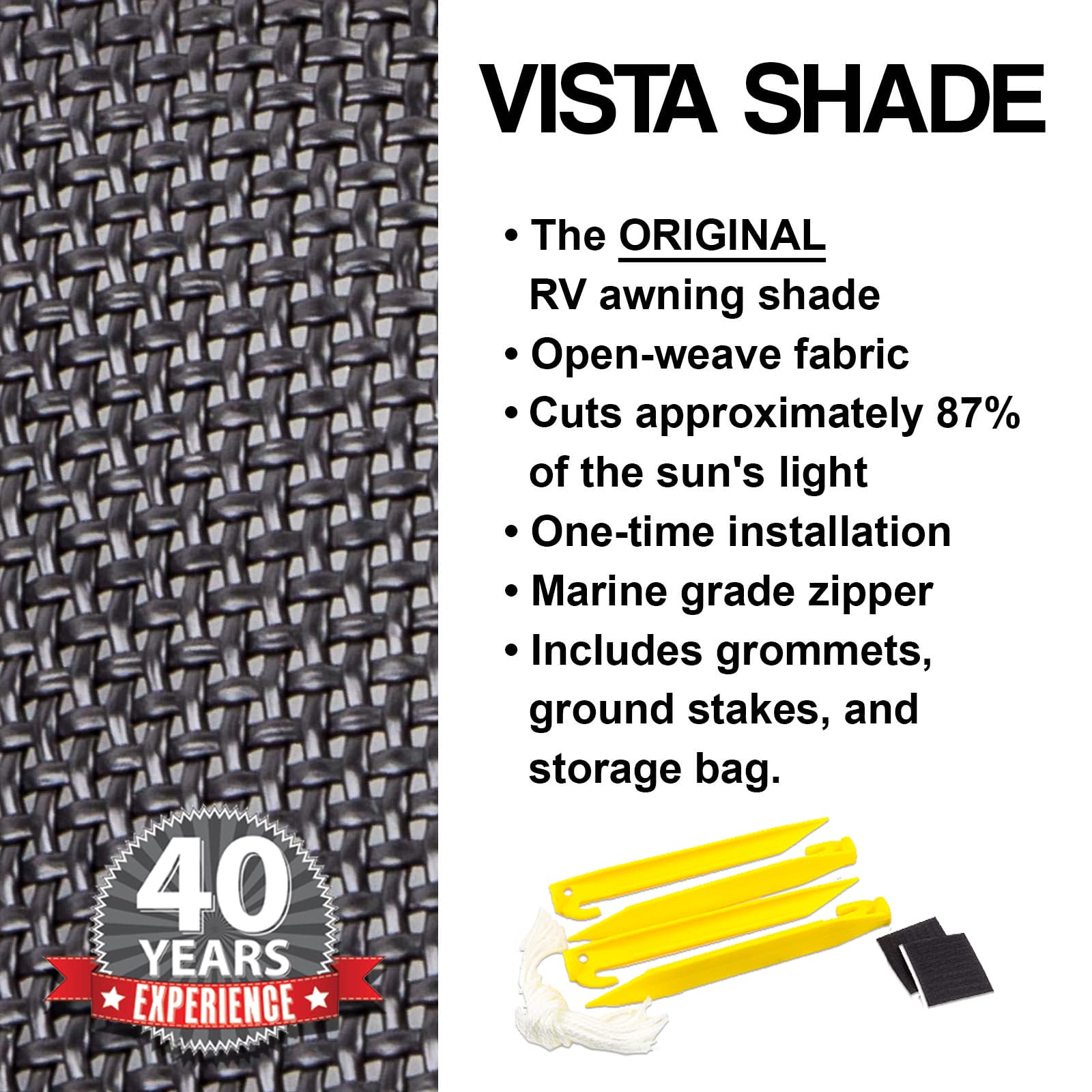 ShadePro - Vista Shade - RV Awning Shade Screen - Zipper Sun Screen Installs in Seconds - Solar Mesh Blocks 87% of Sunlight - The Original Camper Sunscreen Shade for Awnings - 17' x 8' - Black
