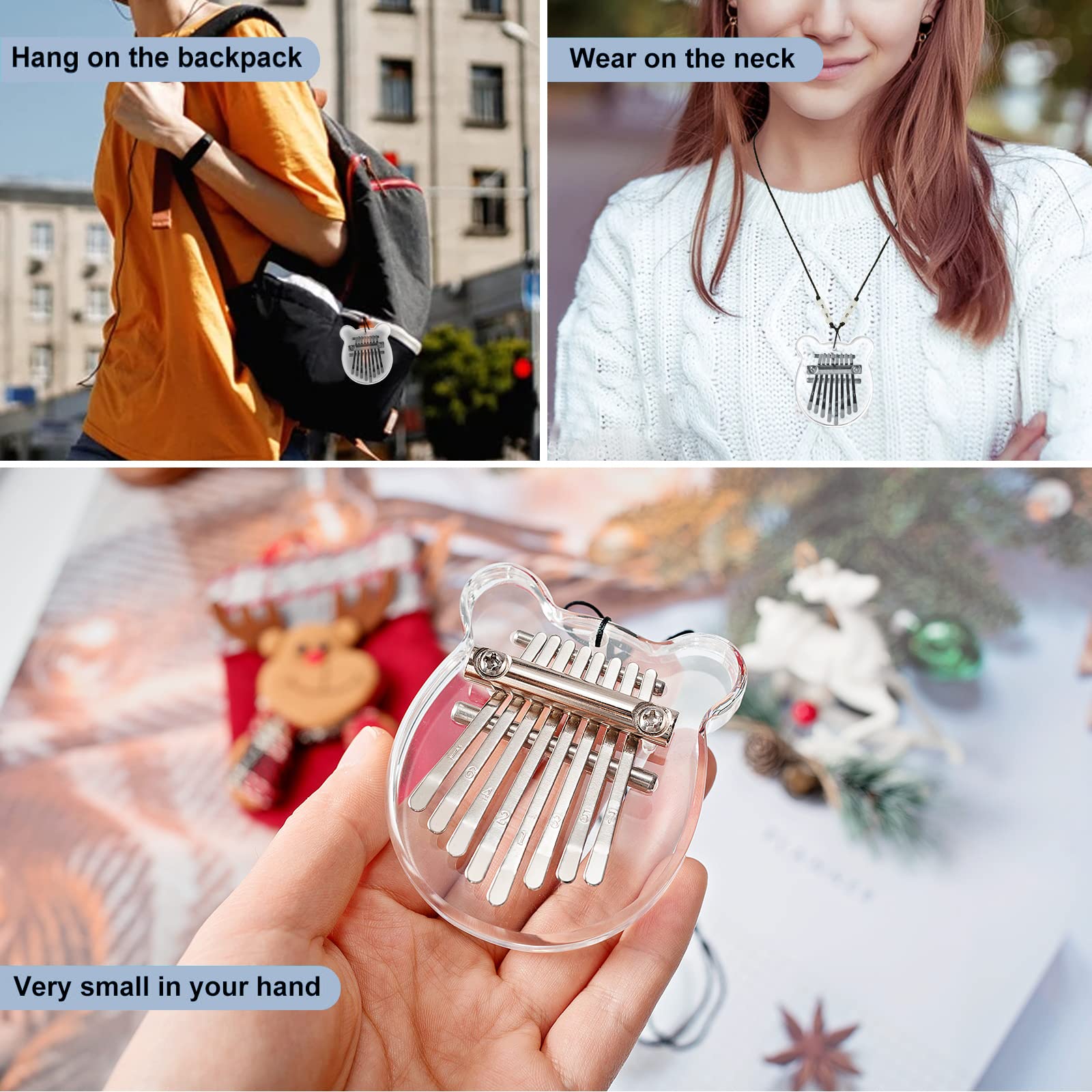 VIVP 8 Keys Mini Kalimba Thumb Piano Crystal Clear Acrylic Finger Piano Portable Marimba Musical Handmade Instruments Professional Mbira with Lanyard Chain Good Accessory Pendant Gift Easy to Learn