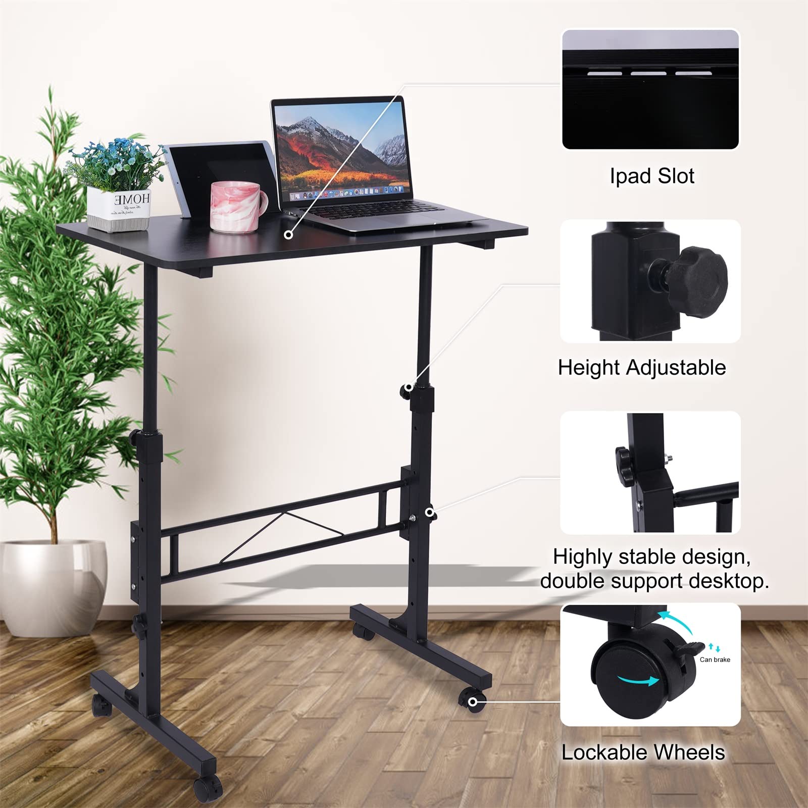 Standing Desk Adjustable Height, Mobile Stand Up Desk with Wheels Small Computer Desk Rolling Desk, Portable Laptop Desk Standing Table Sit Stand Home Office Desks 16"x31.5" Height 27"-43.5"