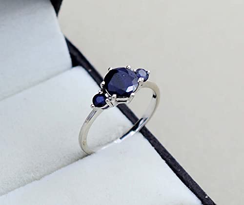 Three Stone Natural Blue Sapphire 7 MM Round Cut 925 Sterling Silver September Birthstone Cluster Unisex Proposal Ring Girlfriend Gift For Valentine Day (Rhodium Plated Silver, 6)
