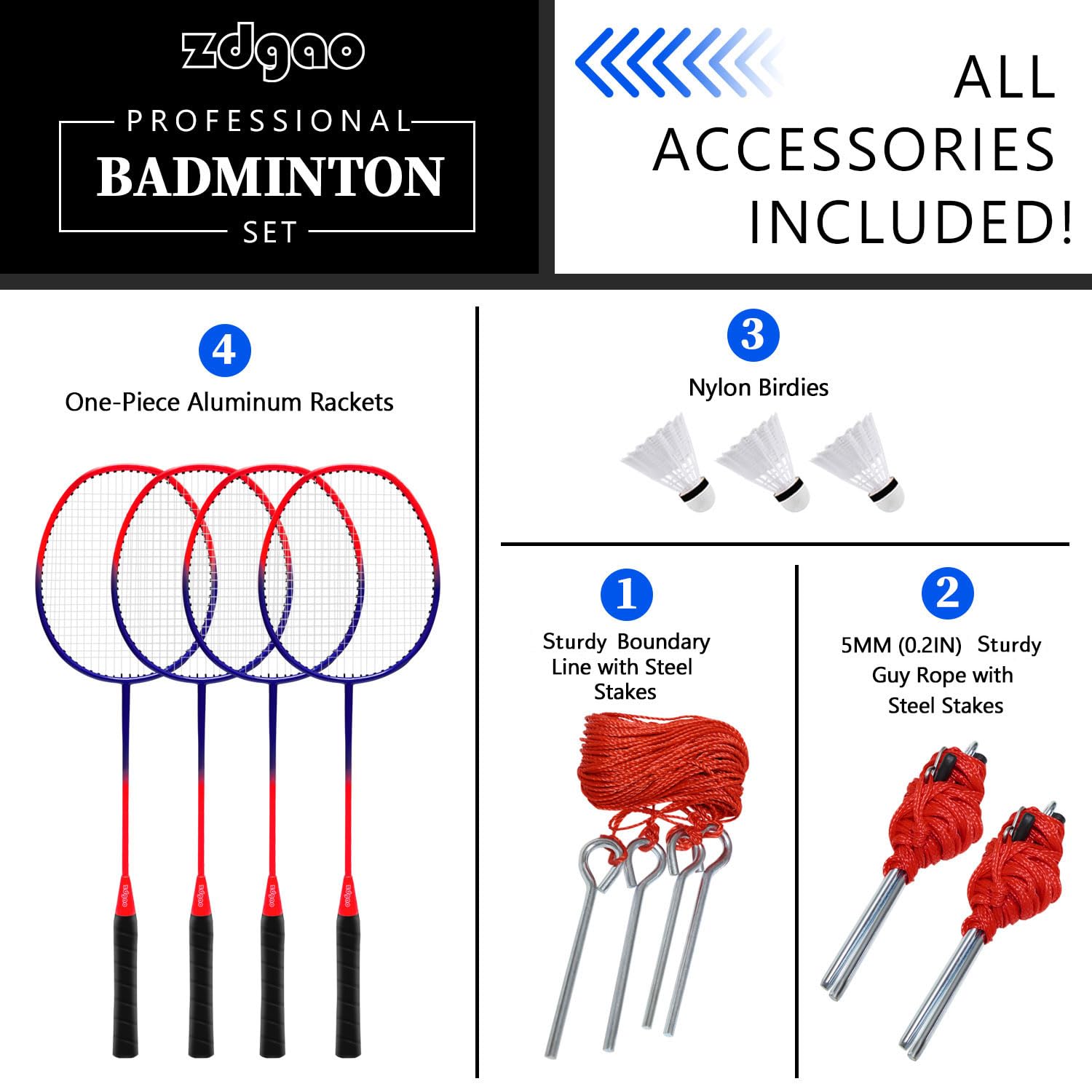 Zdgao Badminton Sets for Backyards with Net | Portable Badminton Net with Winch System, Aluminum Badminton Rackets Set of 4, 3 Nylon Shuttlecocks, Boundary Line and Durable Carrying Bag (Red & Blue)