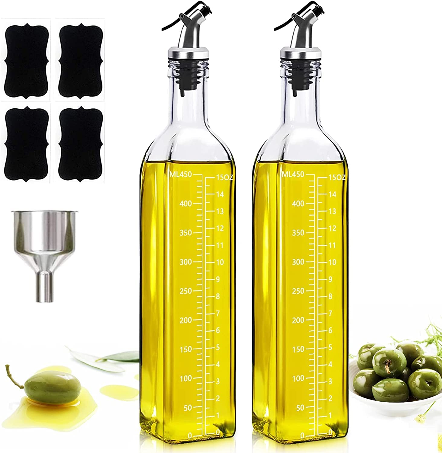 Showvigor Olive Oil Dispenser Bottle Set of 2, Oil and Vinegar Cruet Set 17oz/500 ml,Oil Bottles for Kitchen,Square Tall Glass Oil Bottle with 4 Labels, 2 Pourers and 1 Funnel as Kitchen Helper