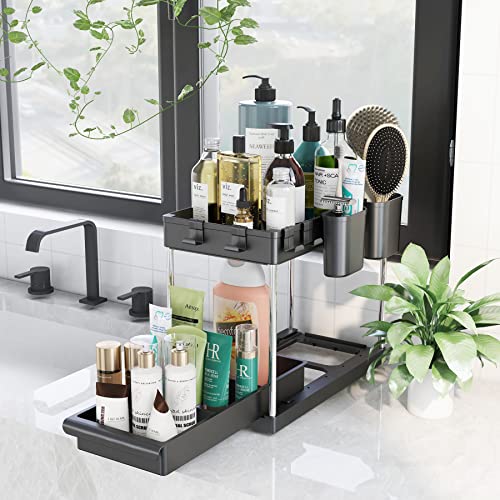 XIBALAGA Under Sink Organizer,2 Tier Under Sink Organizers And Storage For Kitchen Bathroom,Under Sink Cabinet Organizer,Multi-purpose Stable And Sturdy Countertop Organizer (black one sliding)