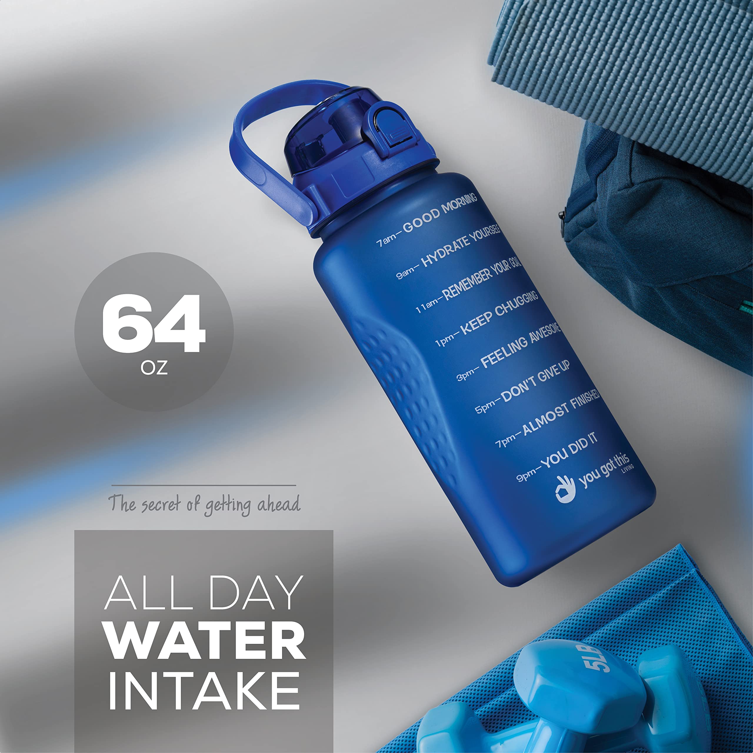 YOU GOT THIS LIVING Motivational Water Bottle with Time Marker,Half Gallon Water bottle with Straw 64 oz/2.2L Gym Water Bottle, Achieve All-Day Hydration SpillProof, BPA FREE
