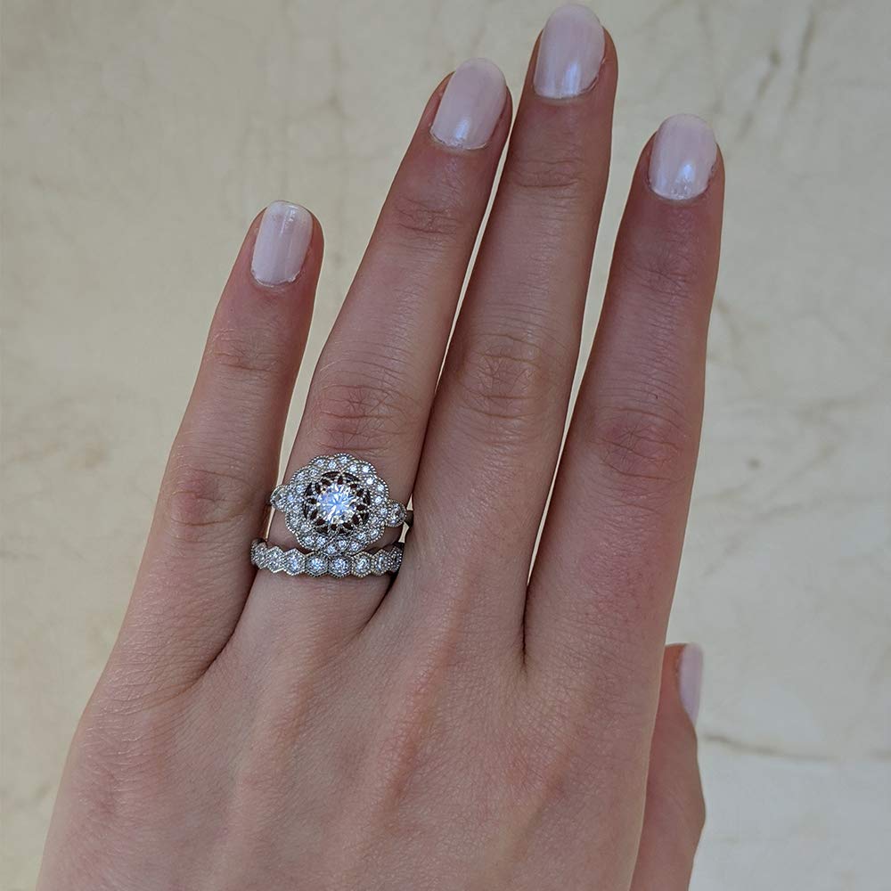 TwoBirch 18k White Gold Microplated Art Deco Floral Design Duo Bridal Ring Set Engagement Ring and Wedding Band with Cubic Zirconia (SET (2 RINGS), Size 7)
