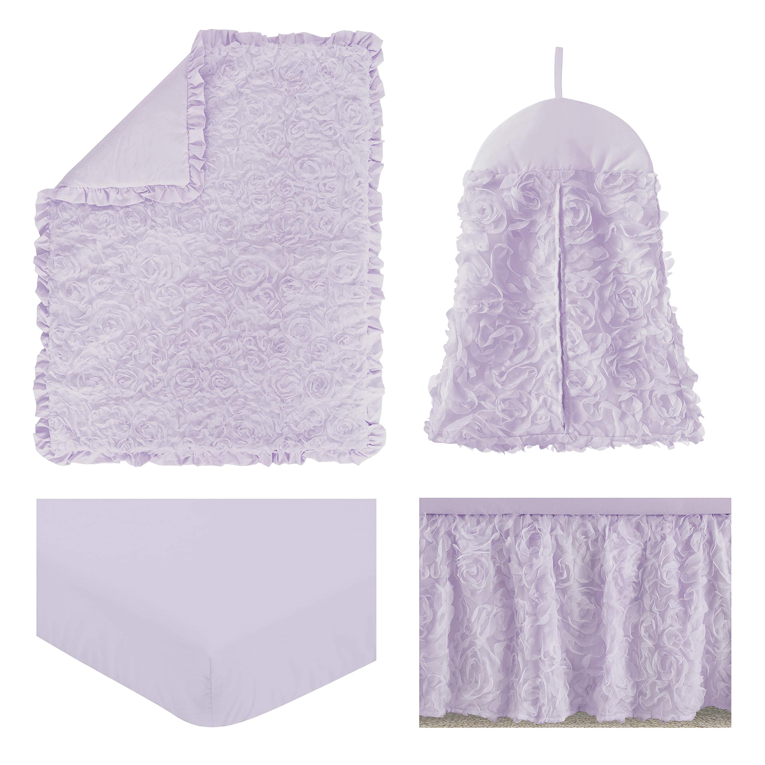 Sweet Jojo Designs Purple Floral Rose Baby Girl Nursery Crib Bedding Set - 4 Pieces - Solid Light Lavender Flower Luxurious Elegant Princess Vintage Boho Shabby Chic Luxury Glam High End Ruffle Roses