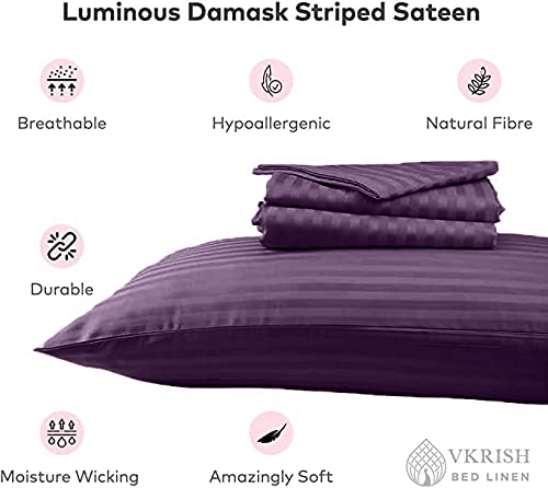 VKRISH 400 Thread Count Queen Size Cotton Sheet Set 4 Piece Damask Striped Sheets 100% Cotton Cooling Plum Bed Sheets Luxury Sateen Weave Hotel Quality, 16" Deep Pocket, Oeko-Tex Certified