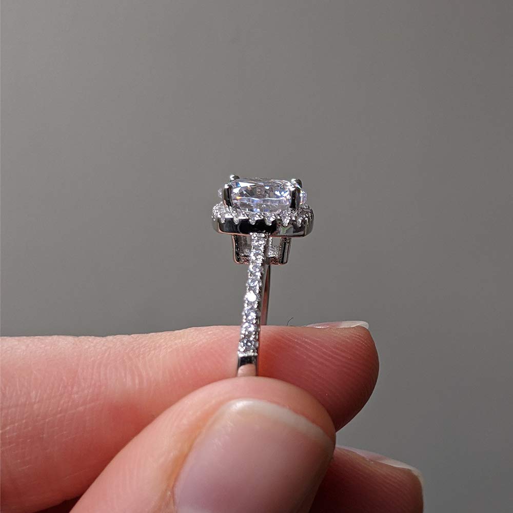 TwoBirch Classic Round Halo Solitaire Engagement Ring with 18k White Gold Plated Sterling Silver and Cubic Zirconia (Size 10)