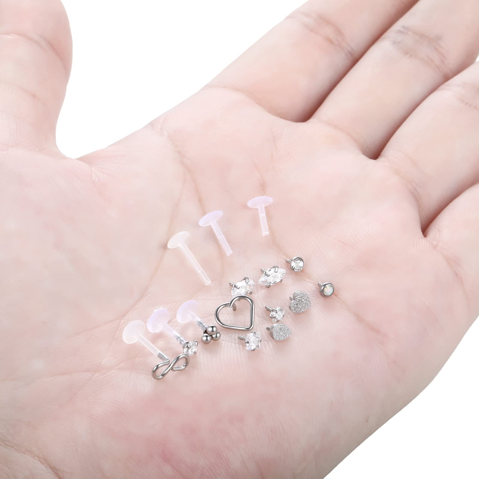 Xpircn 16G Labret Monroe Lip Rings Tragus Helix Cartilage Earrings Studs Ring Piercing Jewelry Plastic Retainer Clear CZ 6mm 8mm 10mm (Silver)