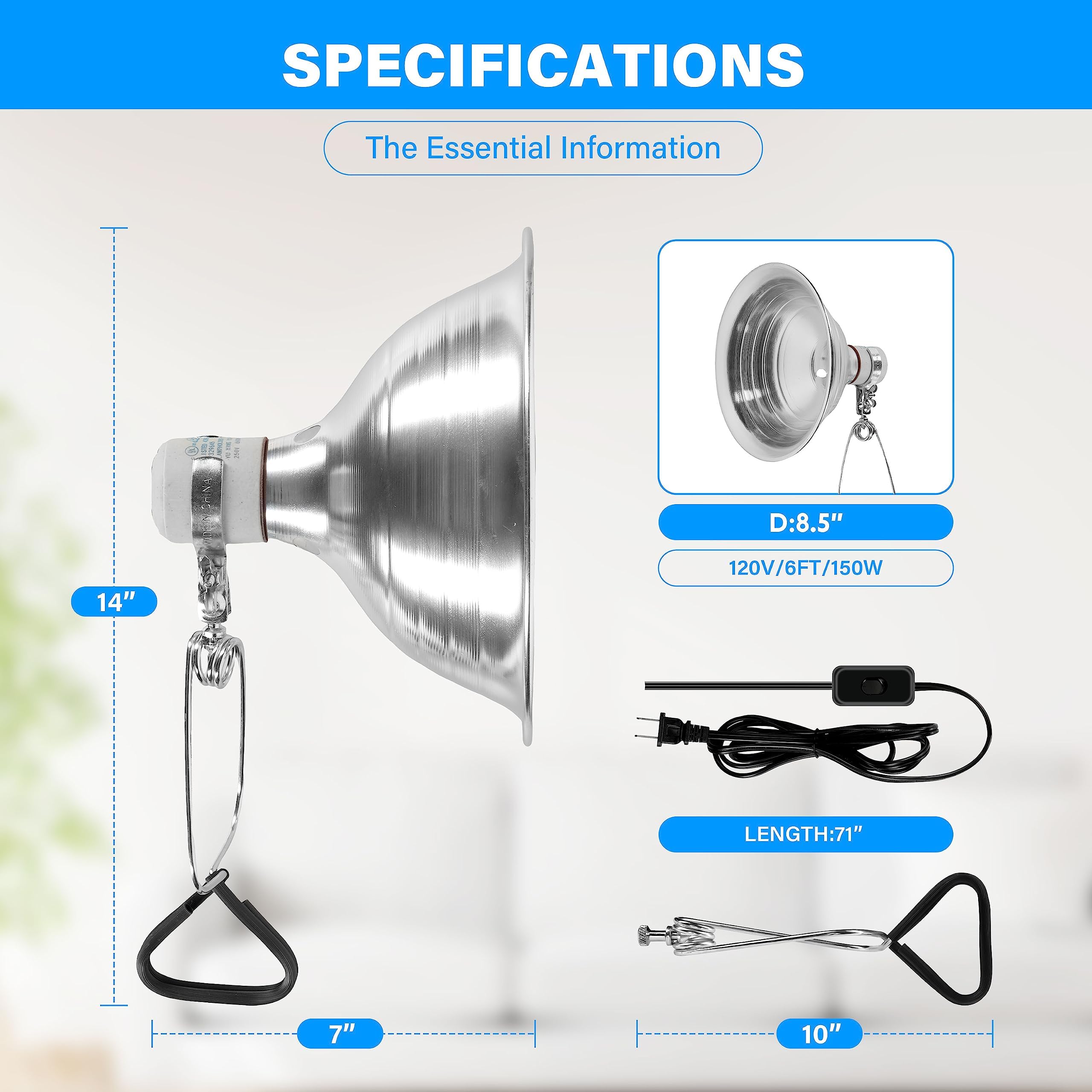 Simple Deluxe 100W Ceramic Reptile Heat Lamp Bulb & 150W Clamp Light with 8.5" Aluminum Reflector Combo for Amphibian Pets, Silver 2023 Version