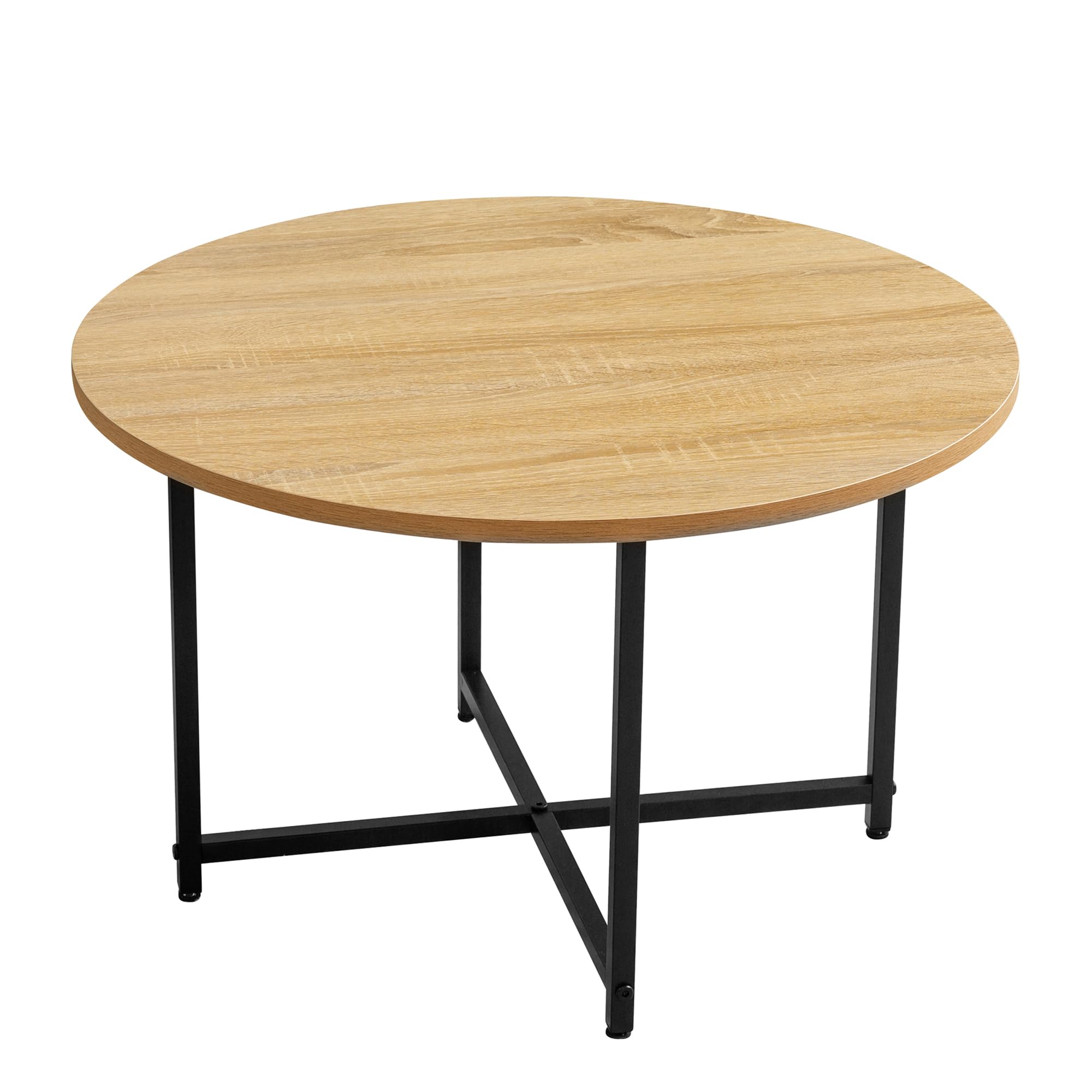 Round Coffee Table with Rustic Wooden Top & Sturdy Metal Legs Sofa Couches Table Side Table End Table Accent Table for Living Room Balcony Kitchen Natural Modern Design Furniture (white oak)