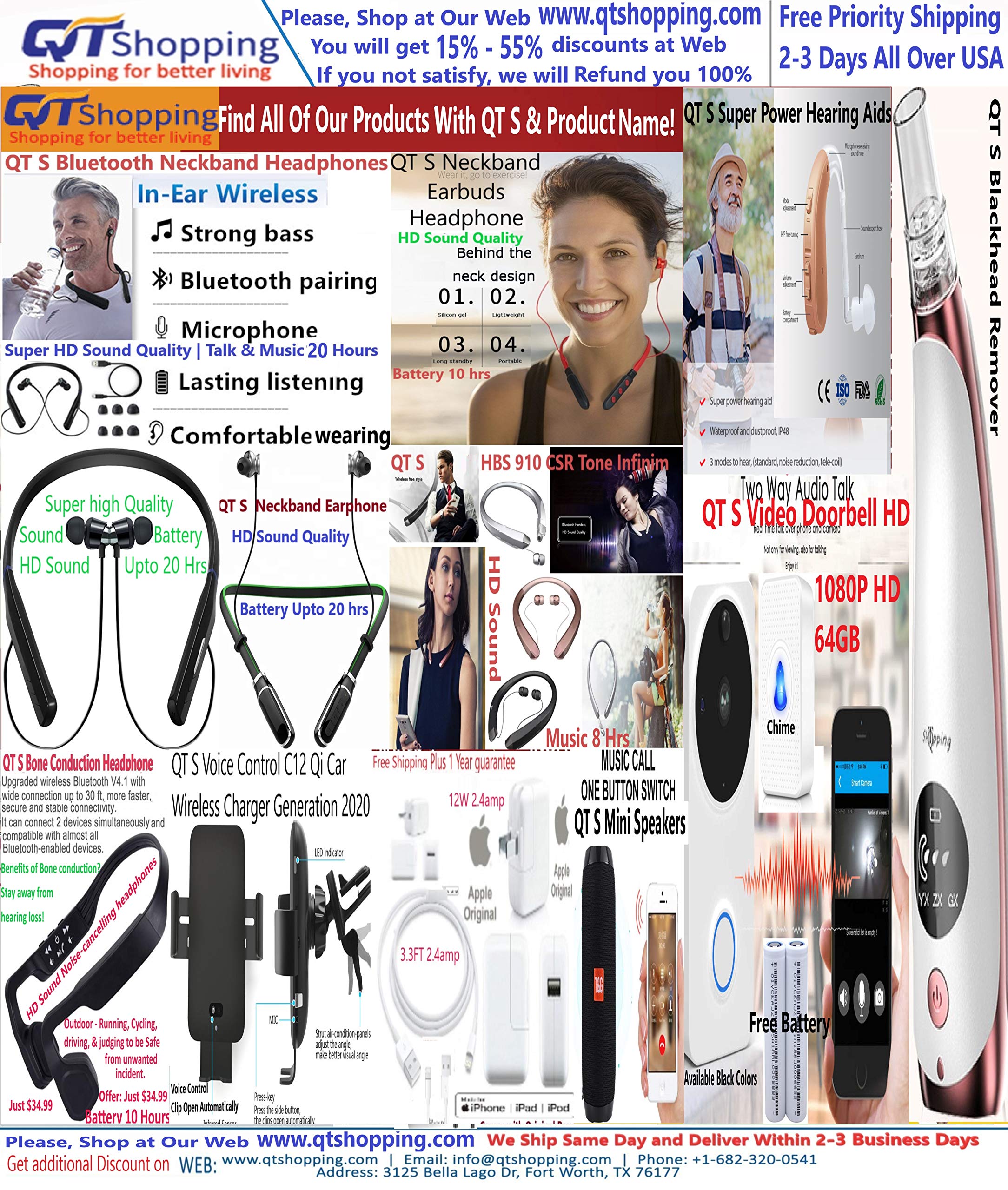 QT S Bluetooth Headset, Lightweight Retractable Neckband Noise Cancelling Stereo Neckband Wireless Headset Talk 6-7 Hours-May Have Minor Cosmetic