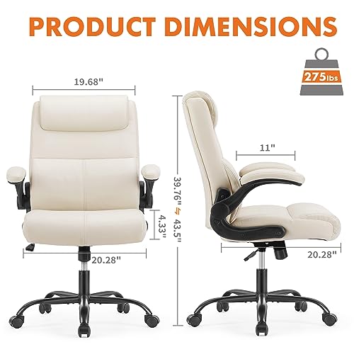 Sweetcrispy Ergonomic Executive Office Chair: Desk Chair with Wheels Mid Back Computer Chair with Lumbar Support Height Adjustable PU Leather Office Chair Flip Up Arms, Beige White