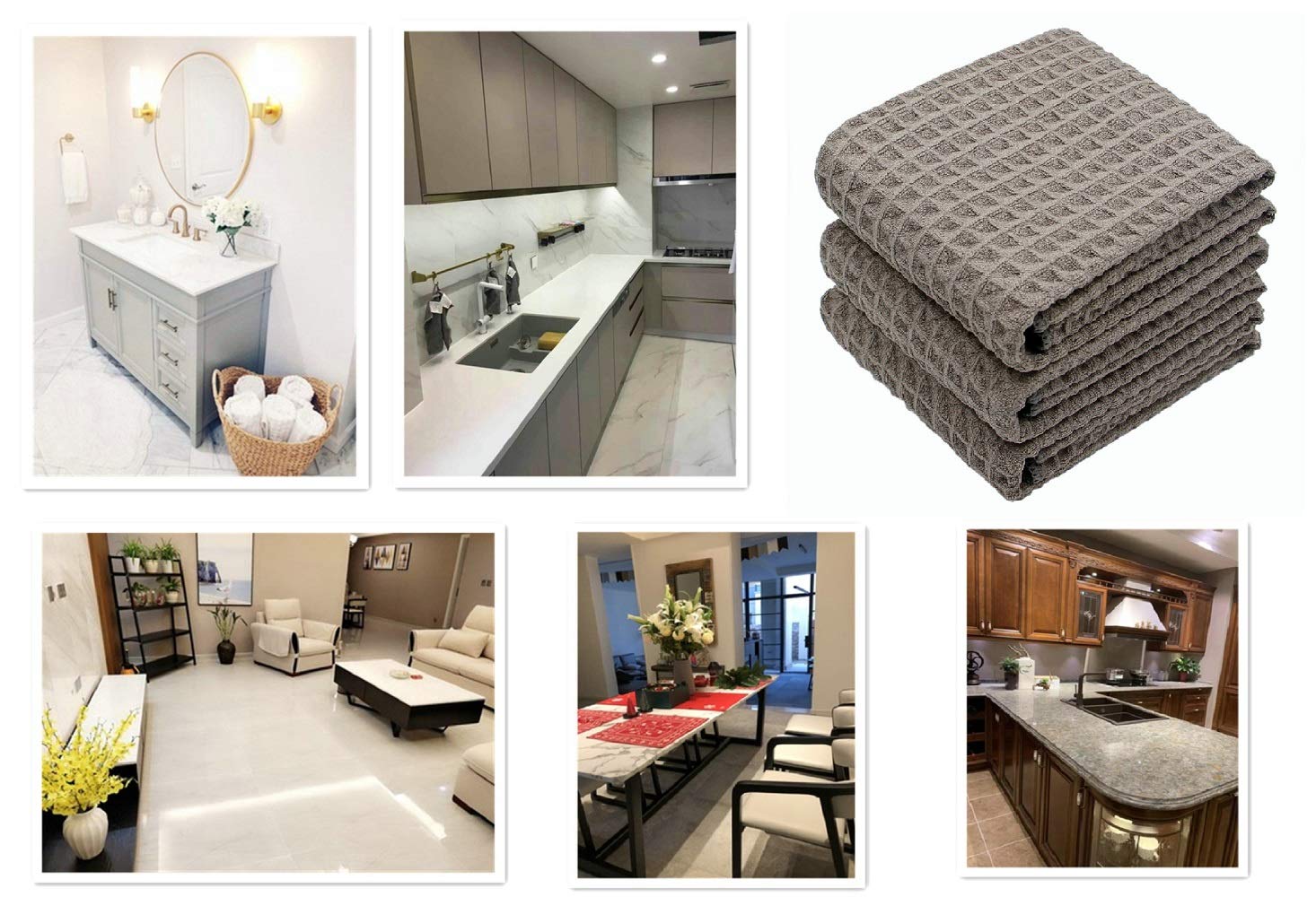 VeraSong Waffle Weave Kitchen Towels Thick Microfiber Dish Drying Towels Absorbent Tea Towels Hand Towel Lint Free 16Inch x 24Inch 3 Pack Gray