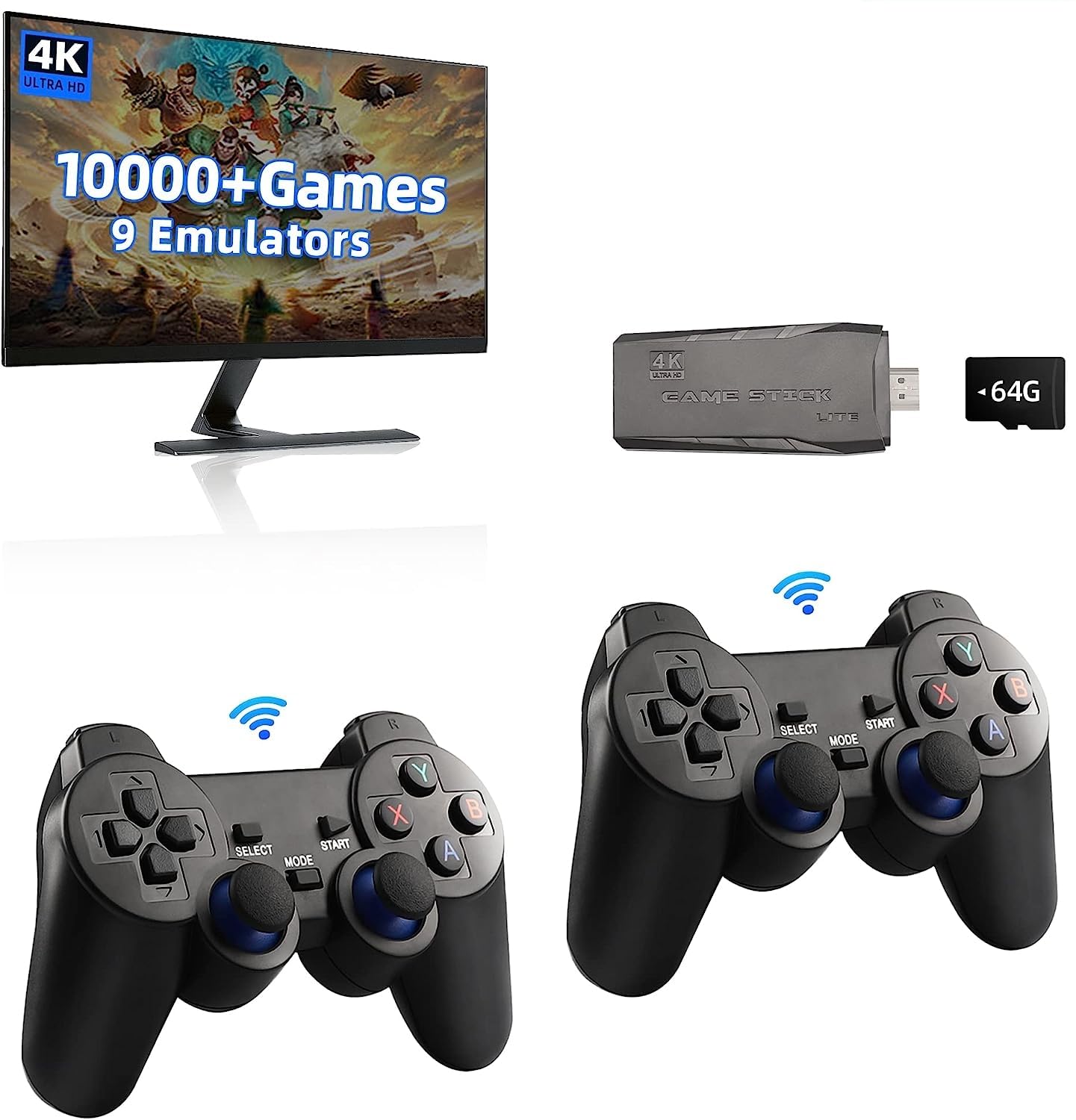 Retro Game Stick, FNKTQL Wireless Retro Game Console Built in 10000+ Games, 9 Emulators, Plug and Play Video Game Stick 4K HDMI Output with 2.4GHz Wireless Controllers (64G)