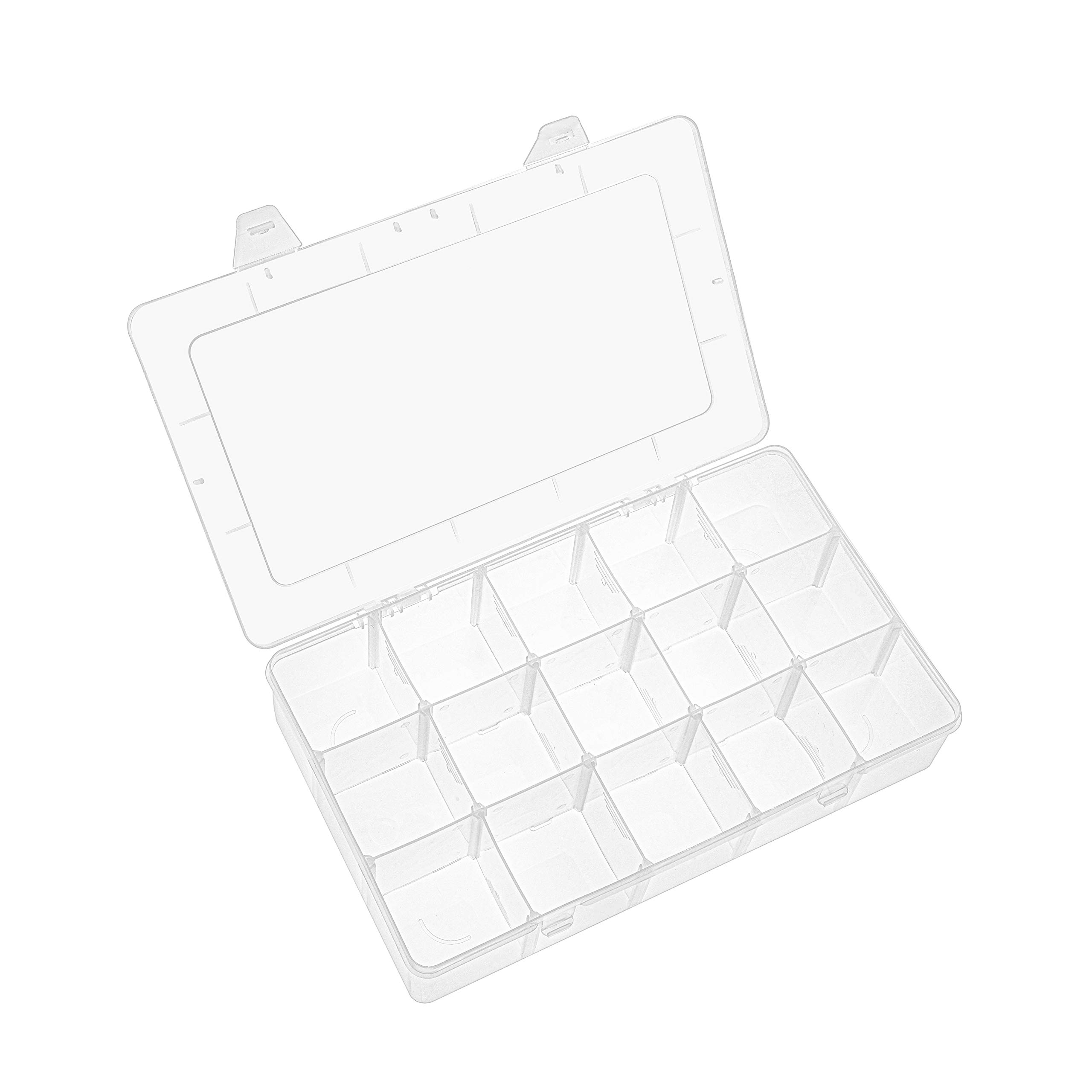 WingsShop 15 Large Grid Organizer Box Clear Plastic Adjustable Compartments Storage Container with Removable Dividers for Beads, Washi Tape Sewing Arts Small Parts Jewelry Earring Crafts and Tackle