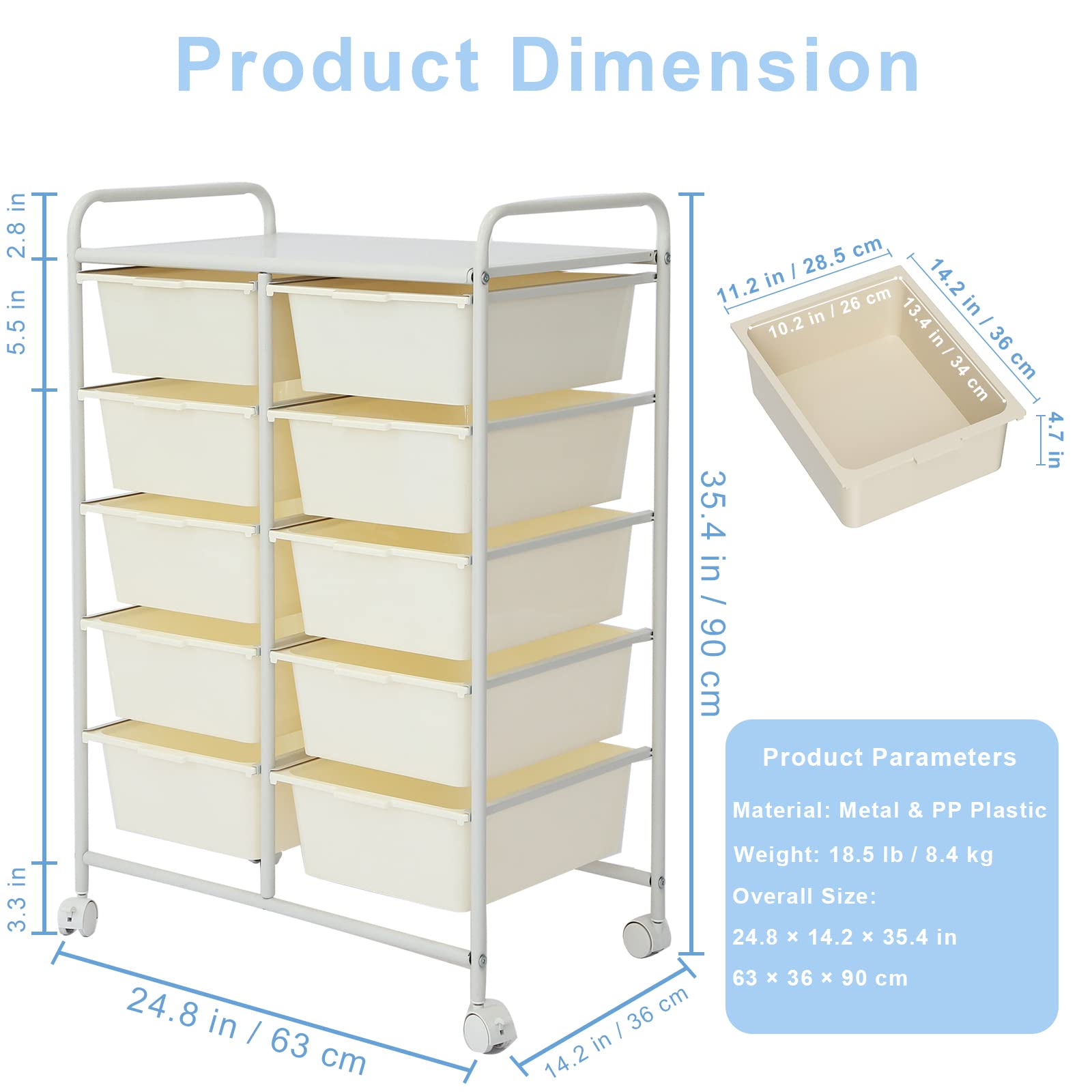 Ytaoka Rolling Cart with 10 Drawers, Plastic Drawer Cart with Metal Frame, Multipurpose Art Craft Cart Organizer with Wheels, Utility Cart with Drawers for Home, Office, School, White