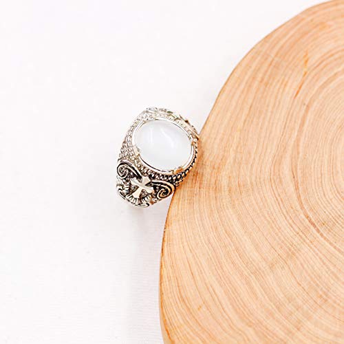 Uloveido Silver Tone Black Simulated Agate Cats Eye Ring Oval Stone Antique Engagement Rings for Women PJ013 (White, Size 9)