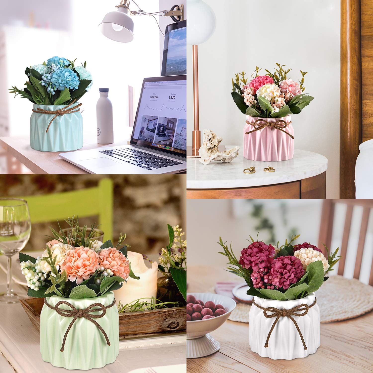 Sunm Boutique Artificial Hydrangea Bouquet with Small Ceramic Vase, Artificial Hydrangea Flower Potted Fake Variety Silk Flower Bonsai for Table Party Office Wedding Home Decor, Pink