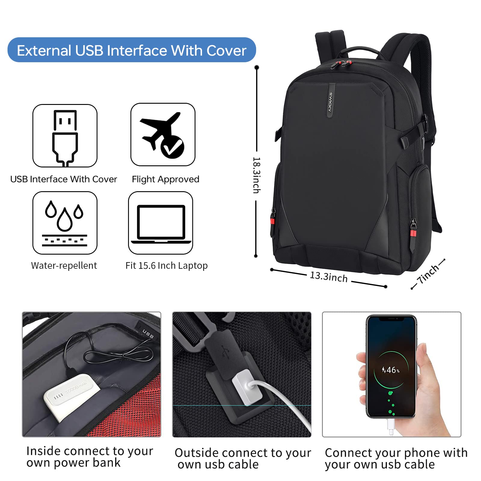SWICKY 88099 Carry-on Water Repellent USB Port With Cover Luggage Strap Auto Anti Theft Zip Airflow Back Panel Travel Work Backpack for 15.6 Inch Laptop