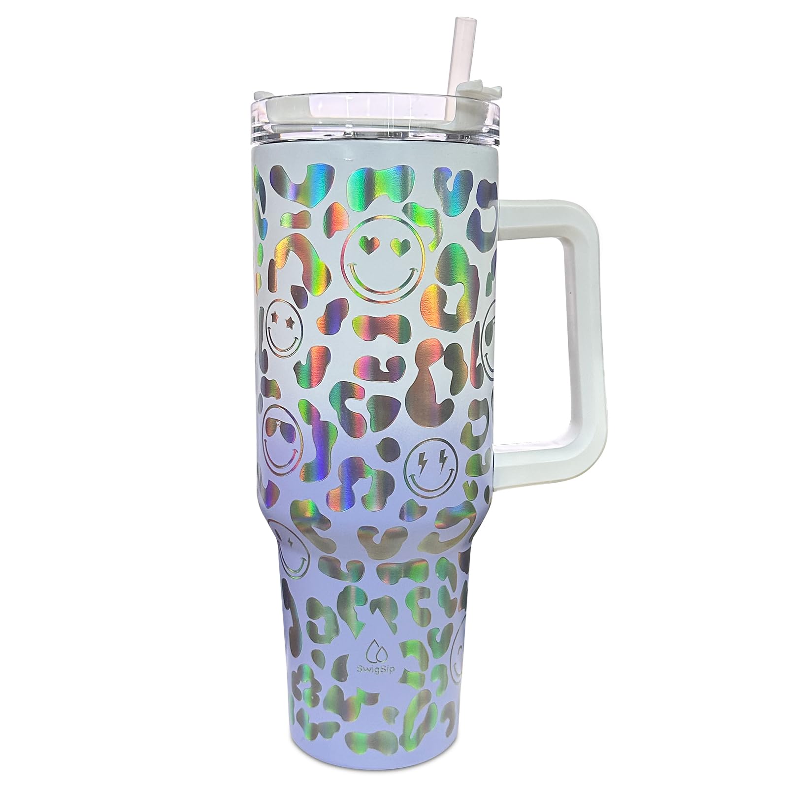 Swig Sip 40oz Leopard Tumbler - Double Wall Stainless Steel Dishwasher Safe Vacuum Insulated Travel Tumblers with Handle & Straw (White Purple)