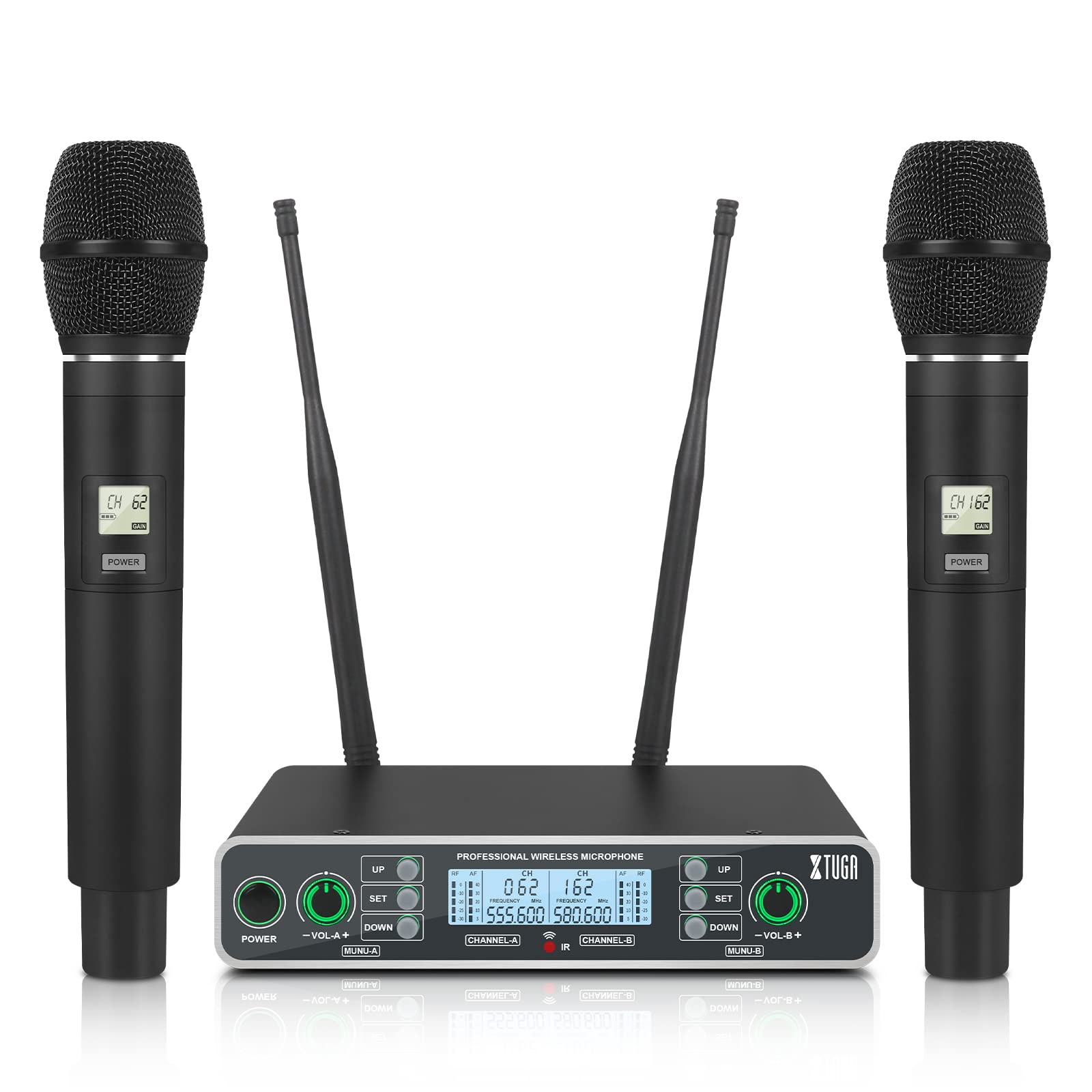 XTUGA 2x100 Channel UHF Wireless Microphone System,Dual Wireless Mics Dynamic Handheld Microphone, Auto Scan, 328ft for Church/Karaoke/Weddings/Events