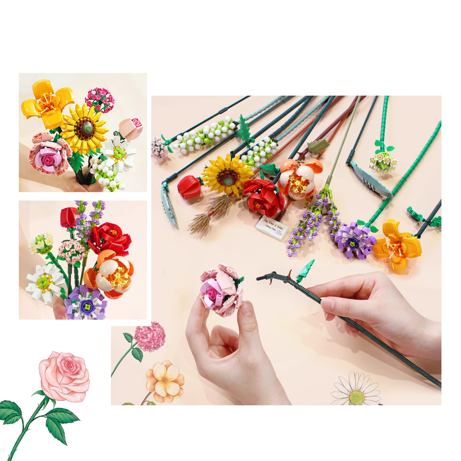 QLT Mini Bricks Flower Bouquet Building Sets, Artificial Flowers, DIY Unique Decoration Home, 547 Pieces Botanical Collection for Ages 8-12 yrs Old Girl for Gift(Not Compatible with Lego Set )